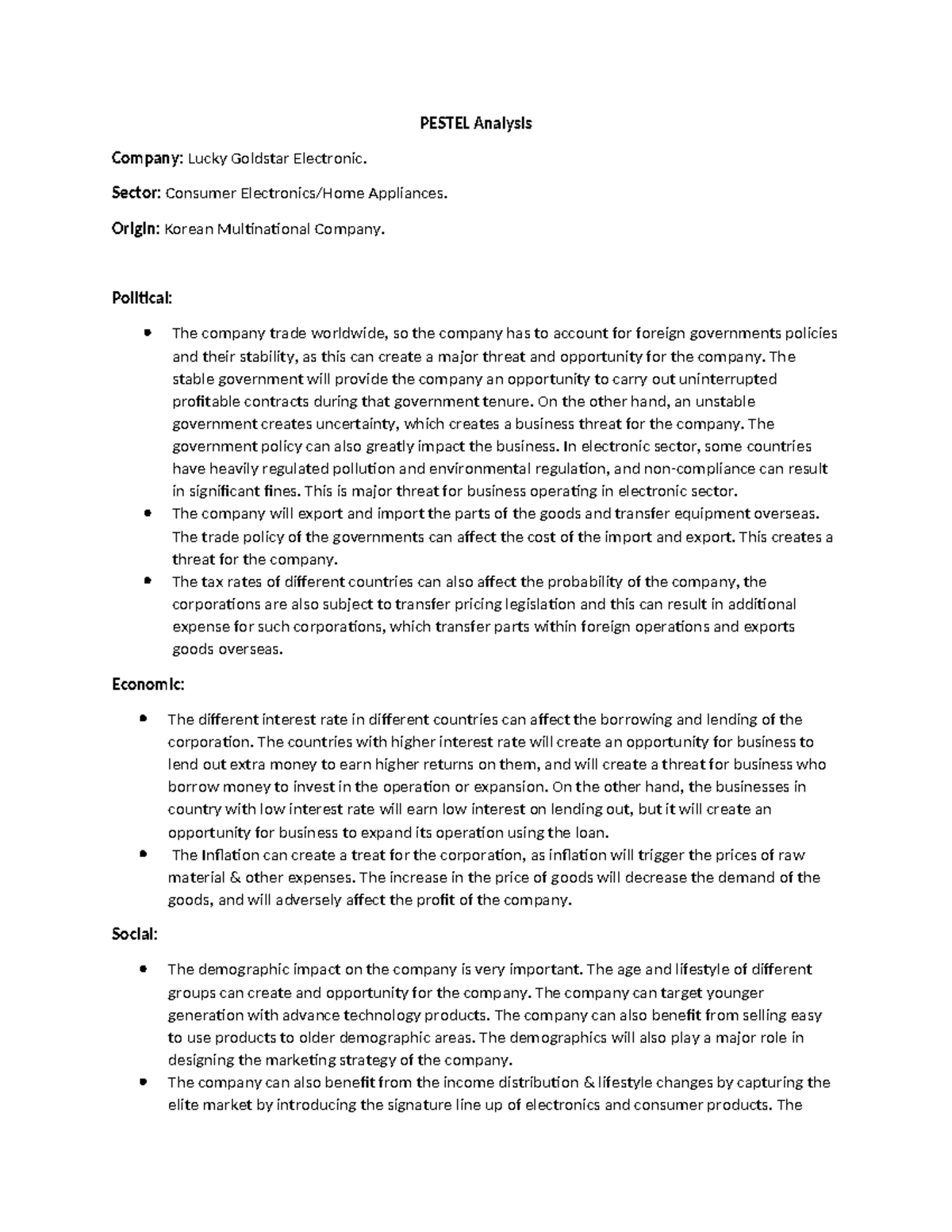 LG Electronic - Assignment of P7 BBP kit - PESTEL Analysis Company ...