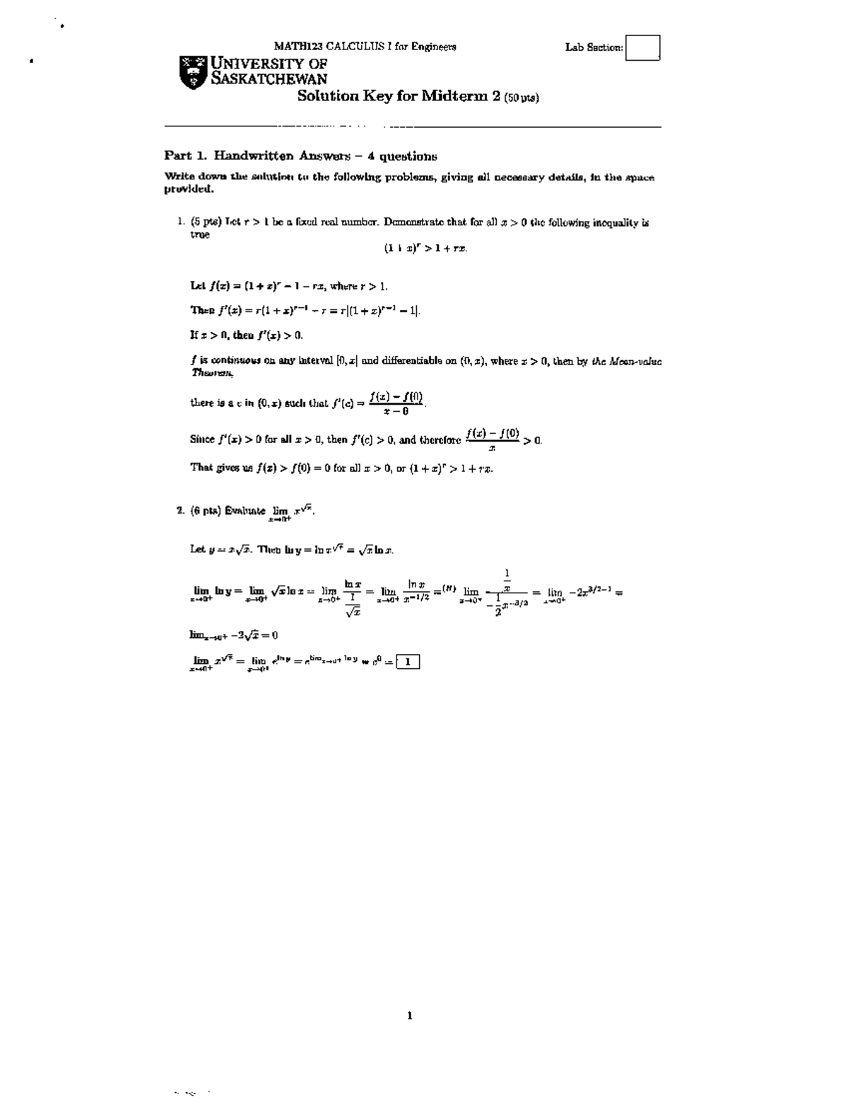 Exam 2016, questions and answers, midterm 2 - MATH123 CALCULUS I for Engineers Lab UNIVERSITY OF ...