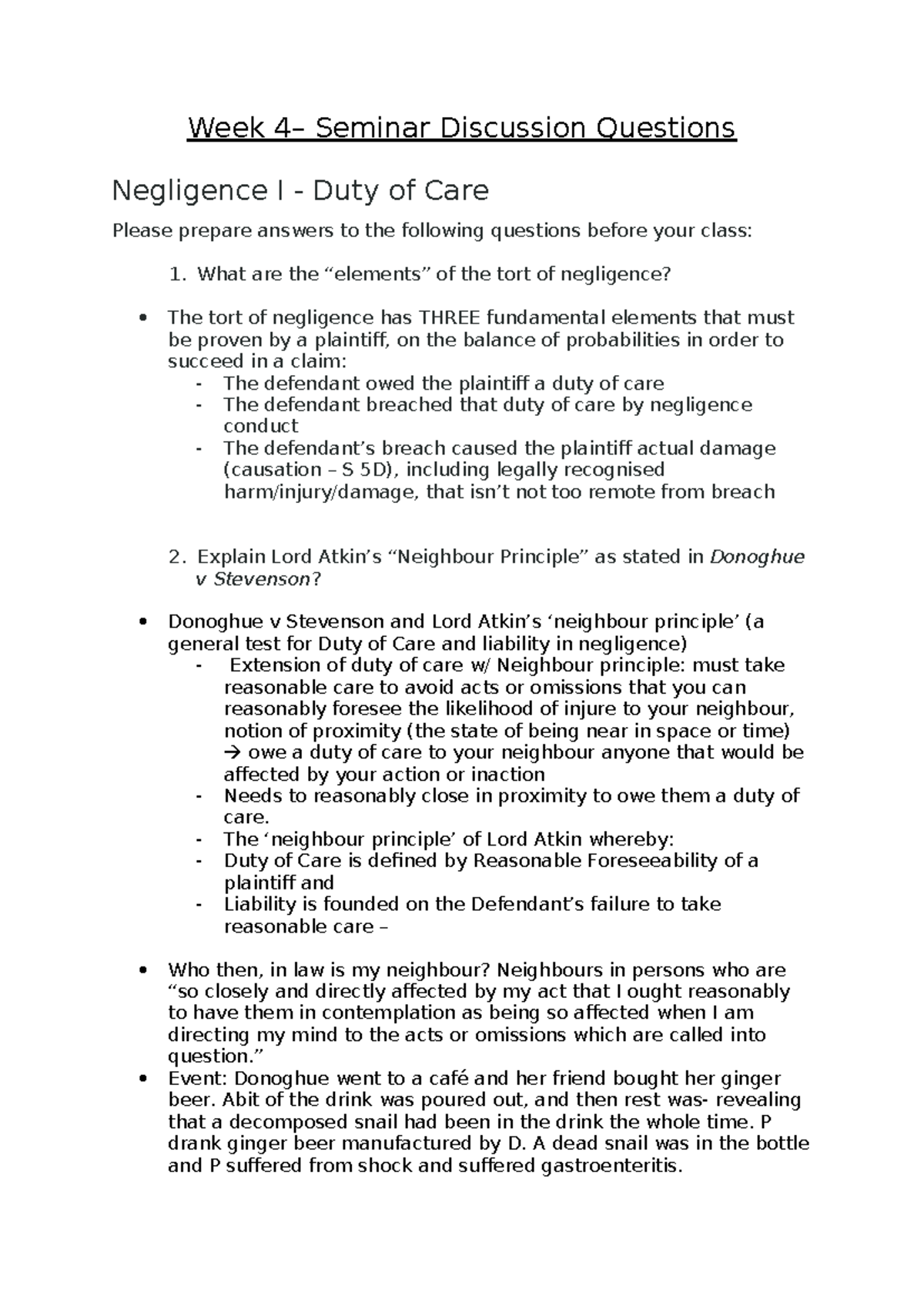 Week 4 Tutorial Notes - Week 4– Seminar Discussion Questions Negligence ...