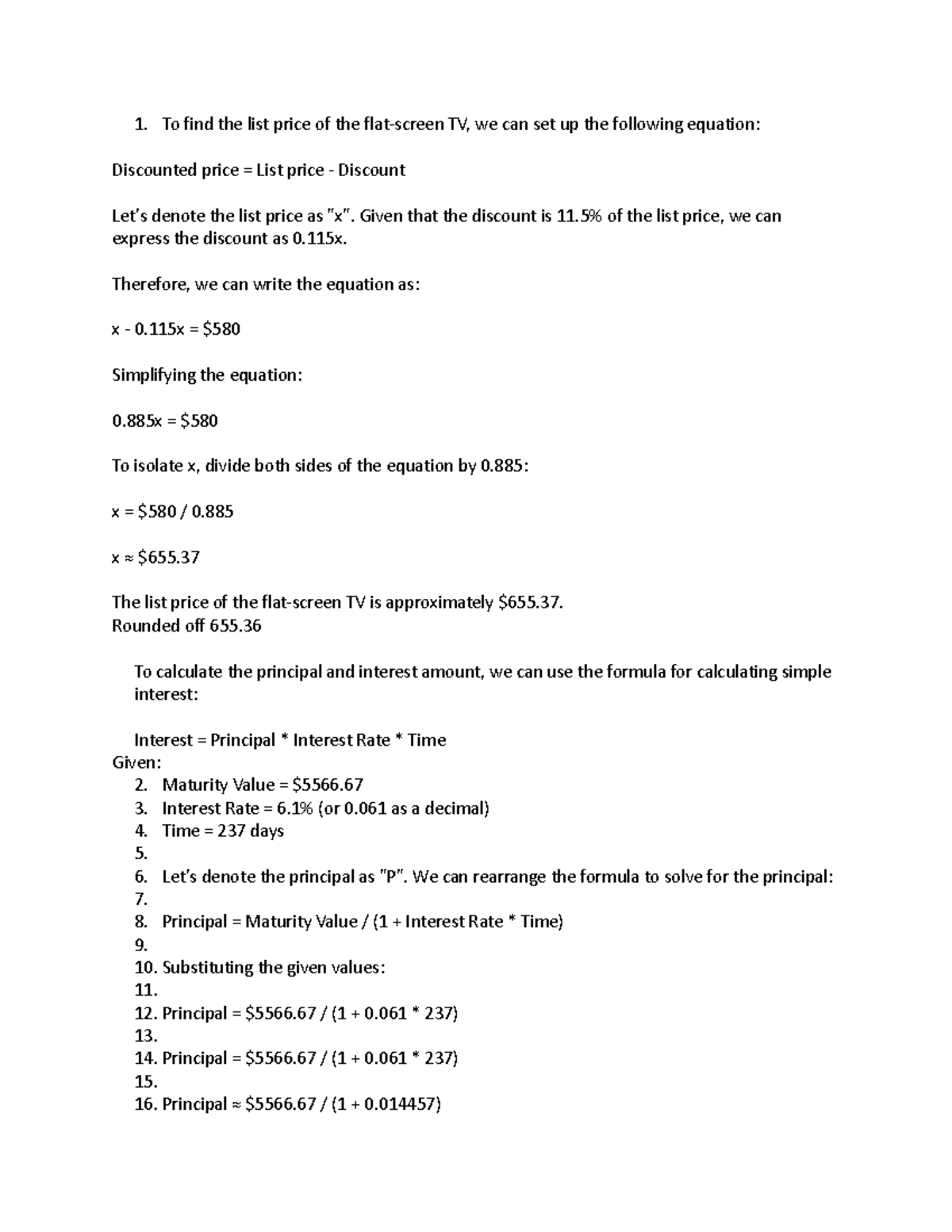 MATH SOLN - Solutions - To find the list price of the flat-screen TV ...