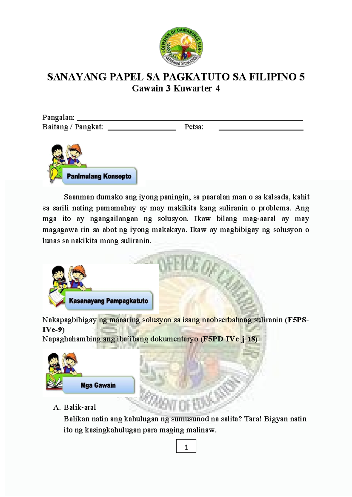 LAS 3 Fil 5 Q4 - learning activity sheets for Filipino 5 - SANAYANG PAPEL SA PAGKATUTO SA ...
