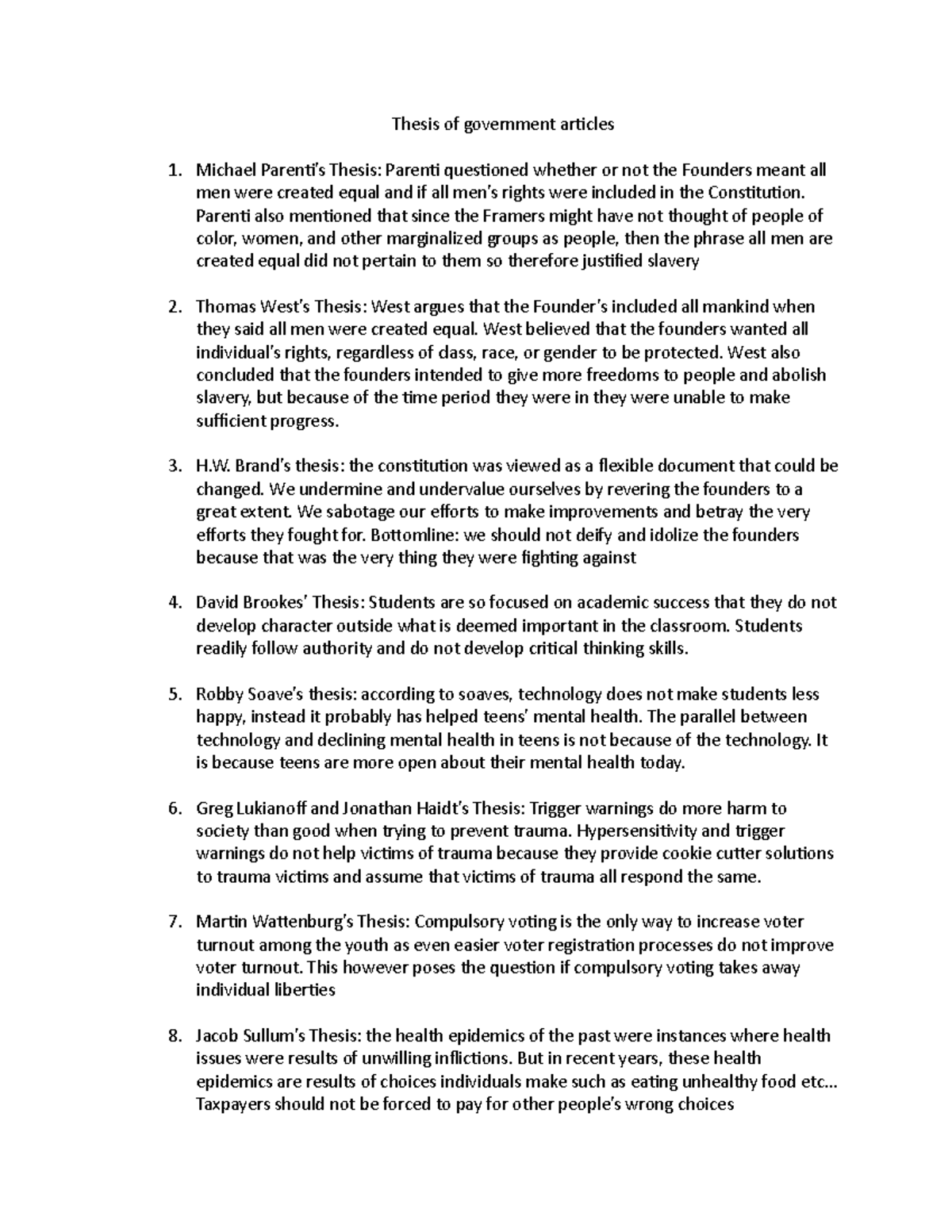 Article Readings Thesis' - Exam 1 Study Guide - Thesis of government ...