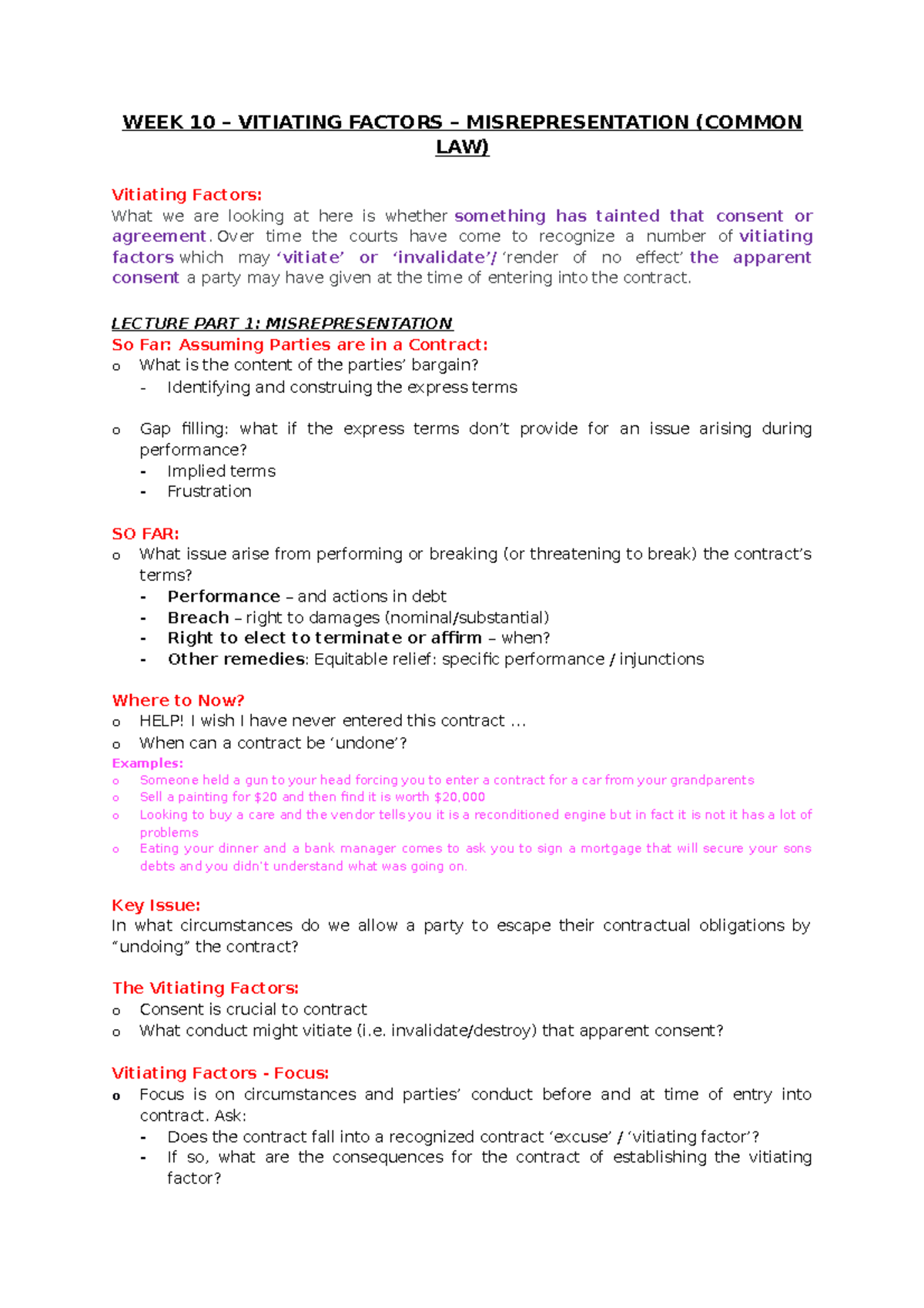 WEEK 10 - Vitiating Factors - Misrepresentation (Common Law) - WEEK 10 ...