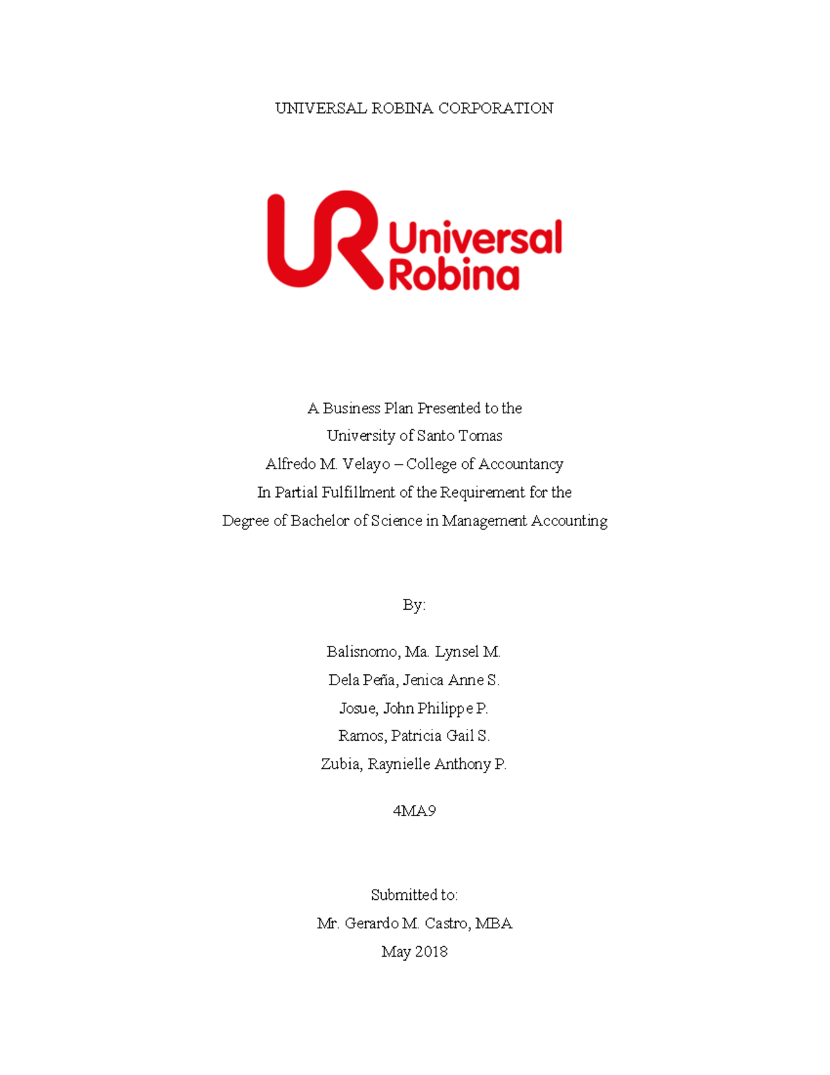 Business Plan - Universal Robina Corporation - UNIVERSAL ROBINA ...