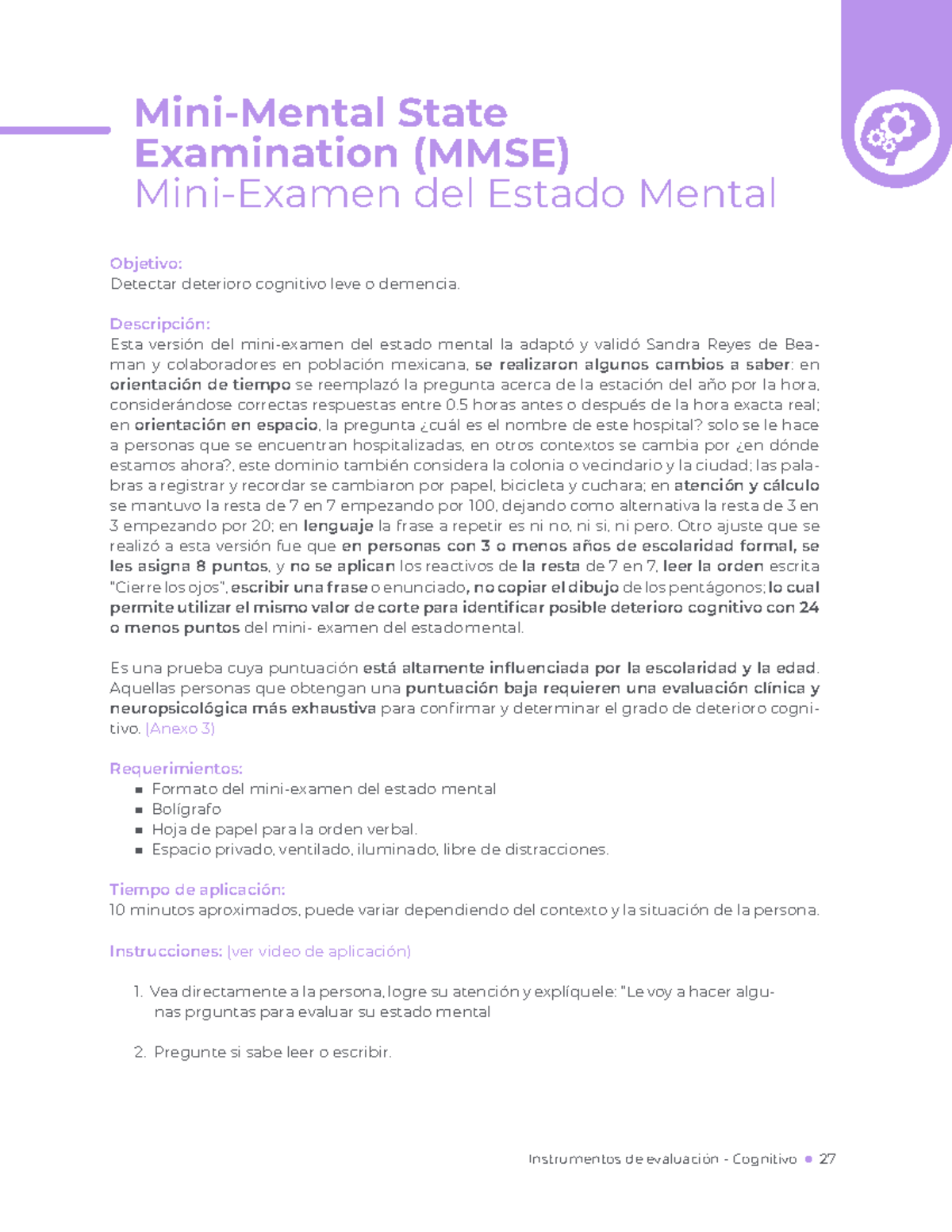 Mmse - pkbbv - Instrumentos de evaluación - Cognitivo 27 Mini-Mental ...