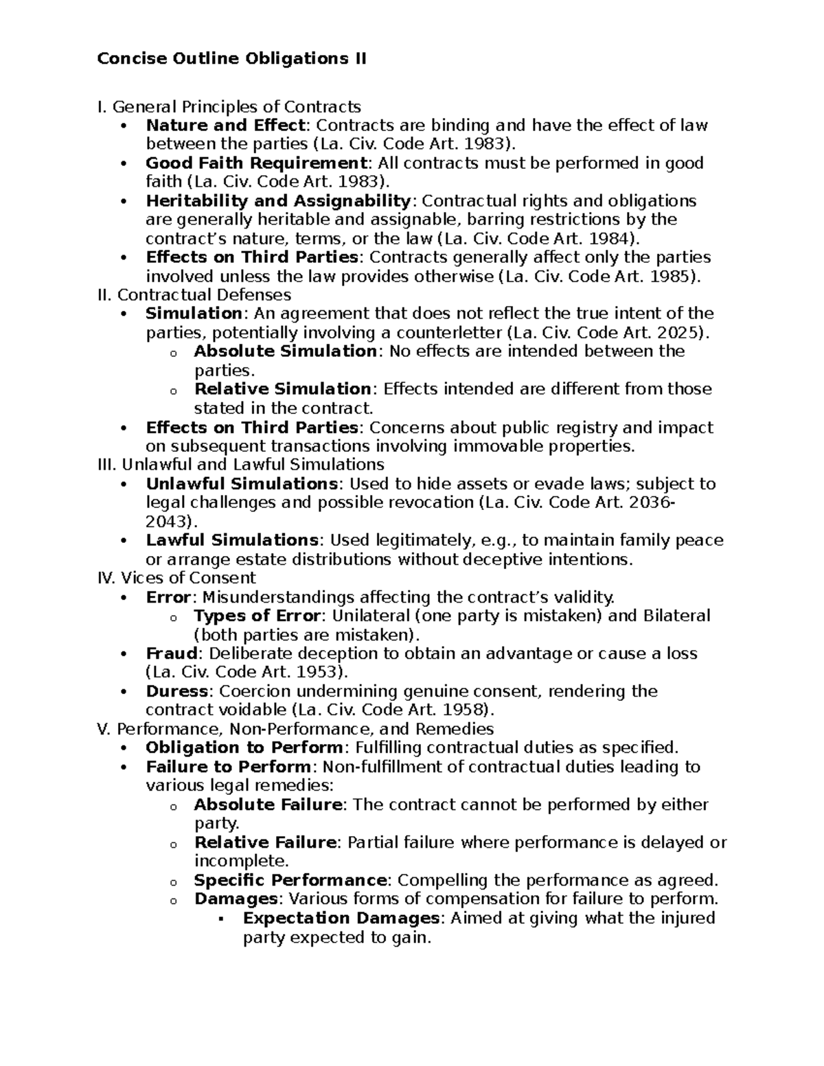 Concise Outline Obligations II - General Principles of Contracts Nature ...