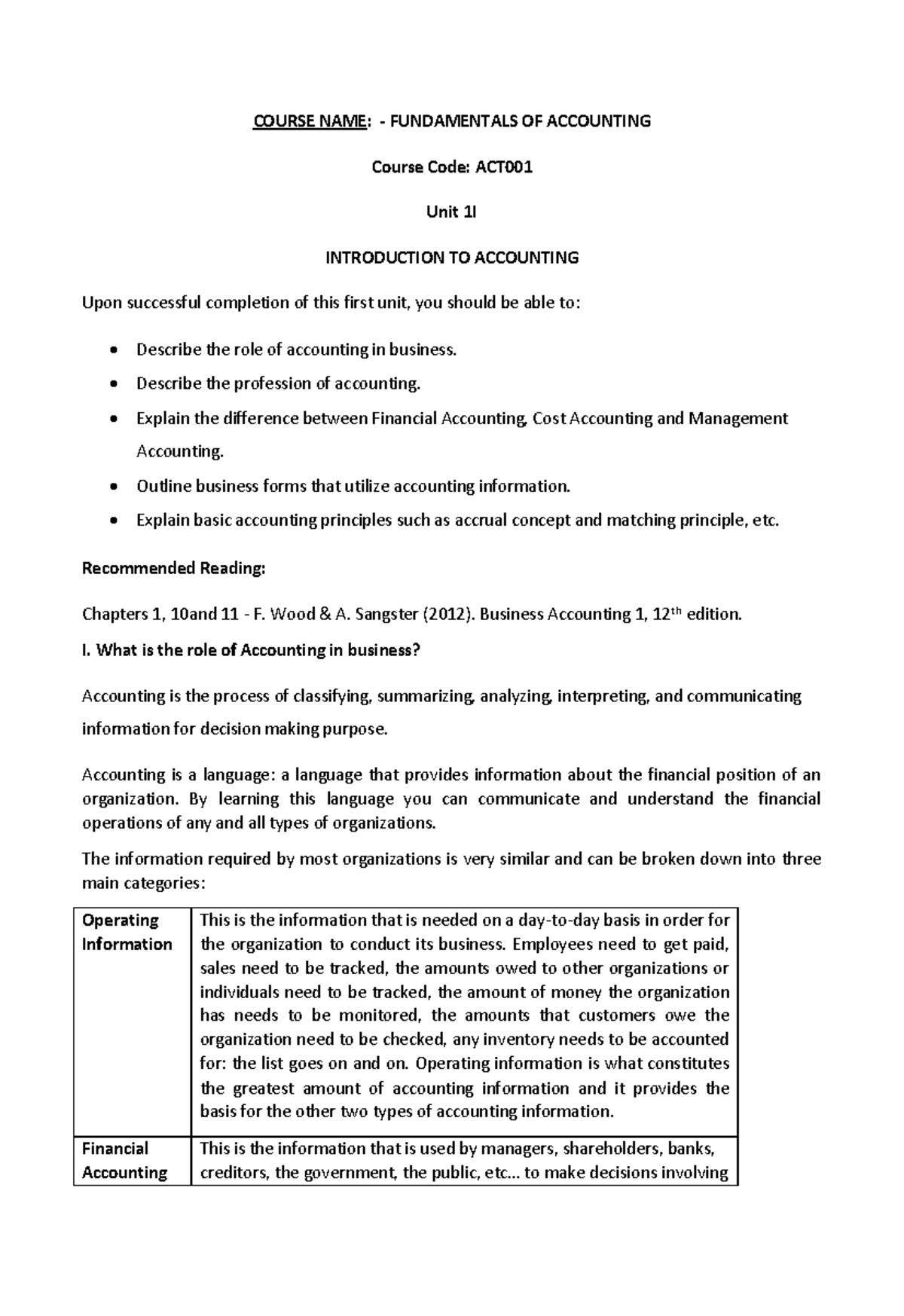 FOA - UNIT II- Introduction to Accounting - COURSE NAME: - FUNDAMENTALS ...