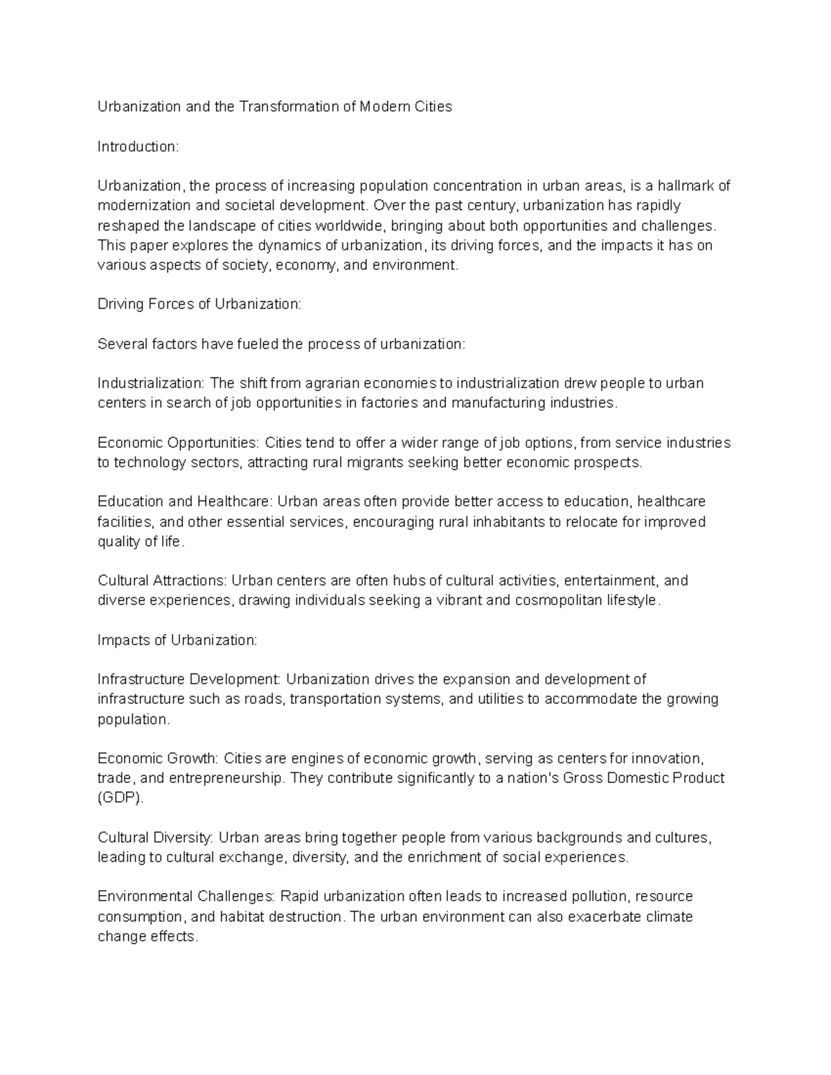 Urbanization paper - ernkl - Urbanization and the Transformation of ...