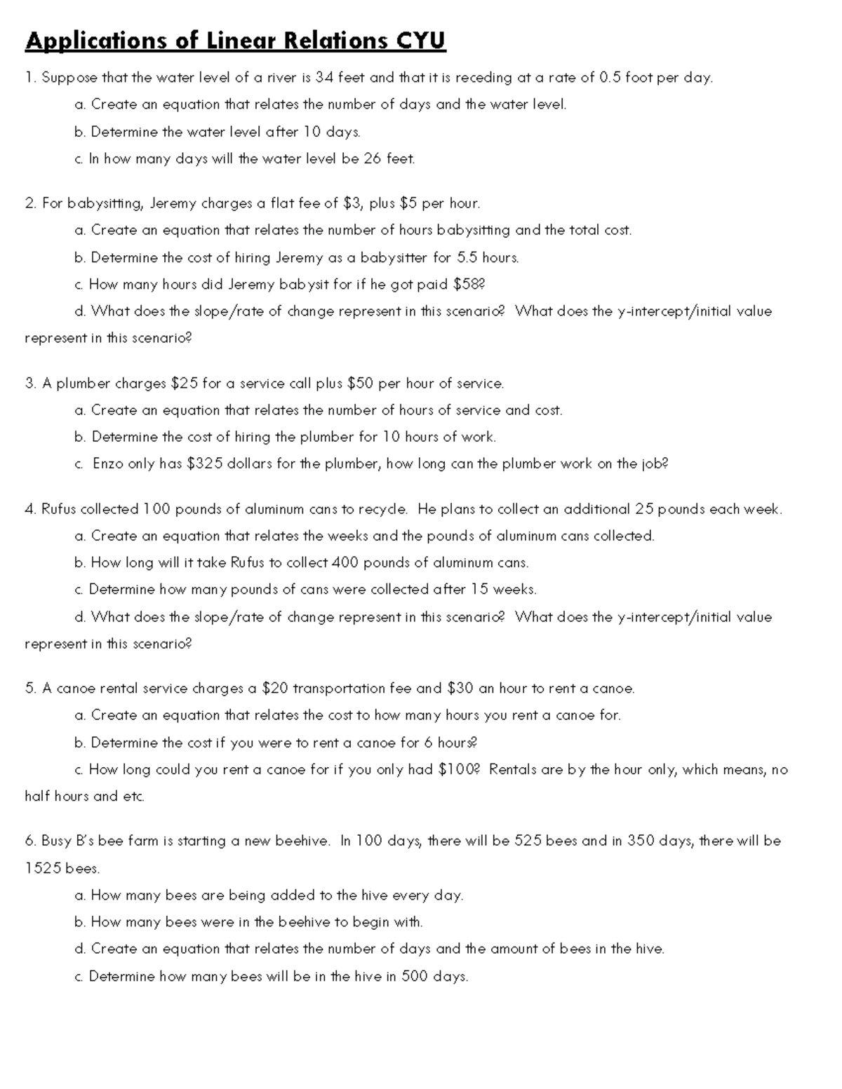 6 - 6 Applications of Linear Relations CYU - Applications of Linear ...