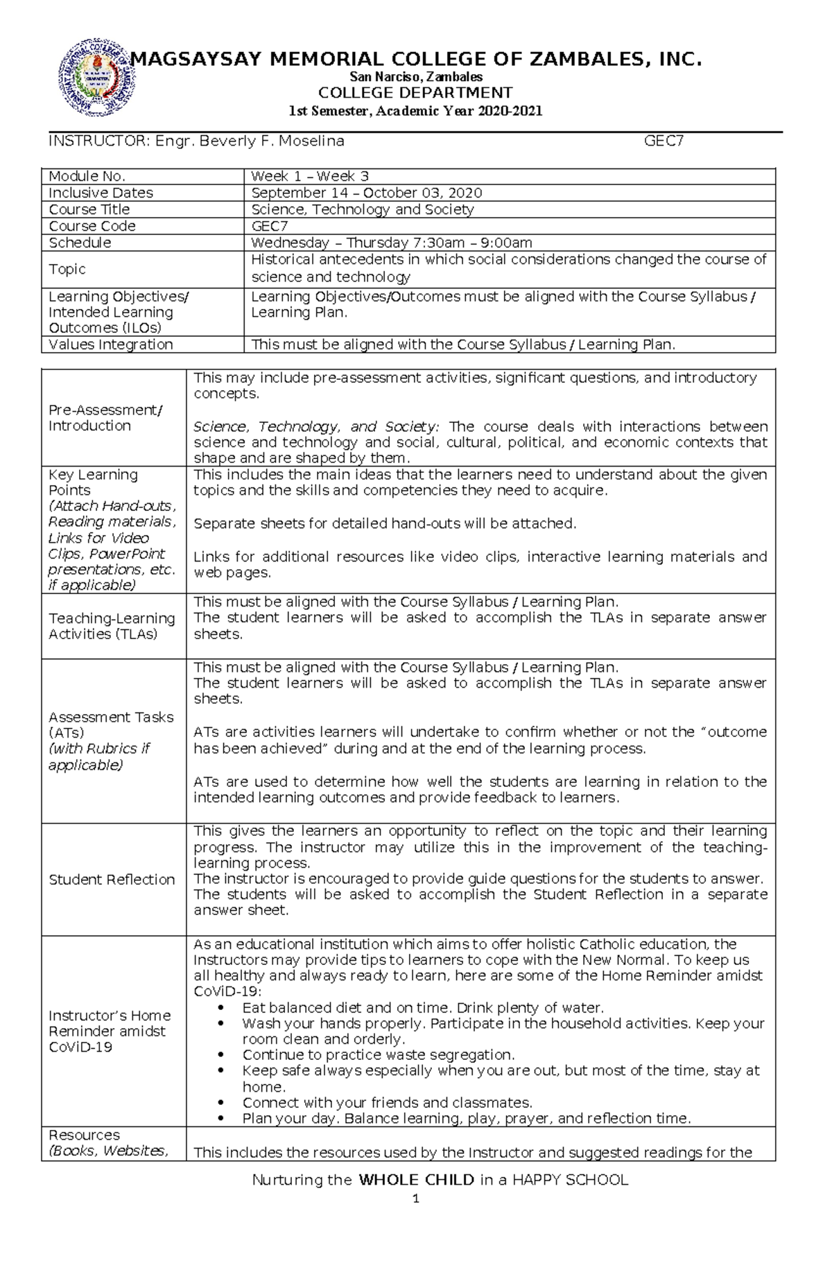 Module-Format Instructors-GEC 7-week1 - San Narciso, Zambales COLLEGE ...