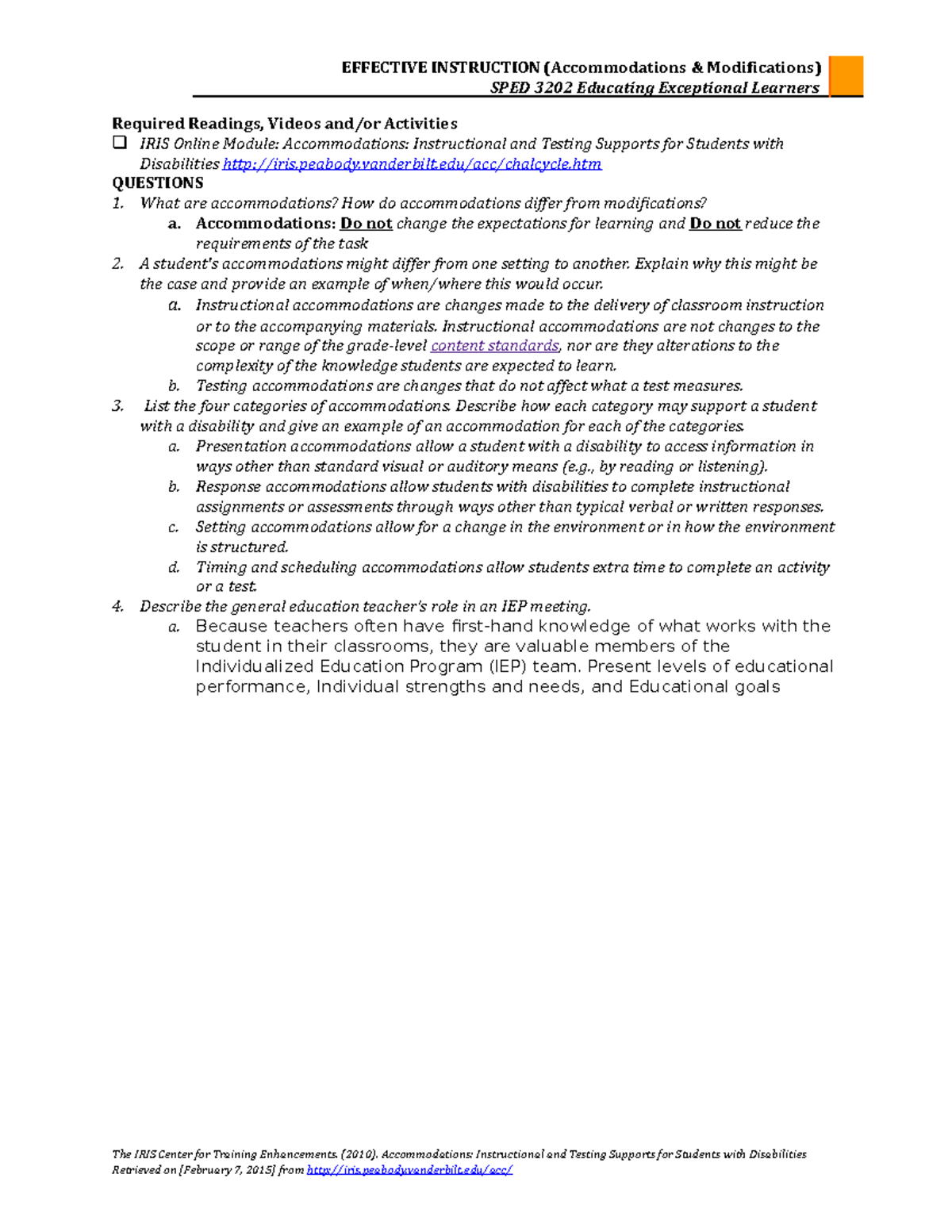Study Guide #5-3 - EFFECTIVE INSTRUCTION (Accommodations Modifications ...