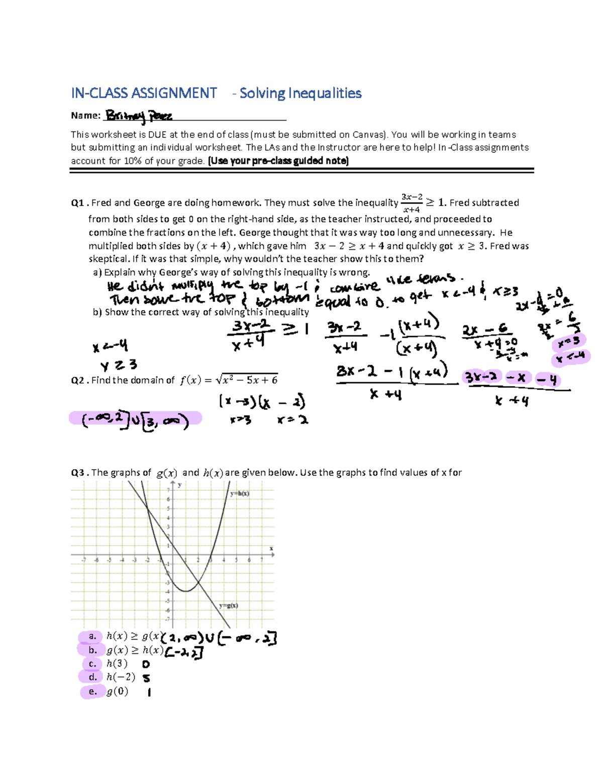 Week4 in-class worksheet - IN-CLASS ASSIGNMENT - Solving Inequalities ...