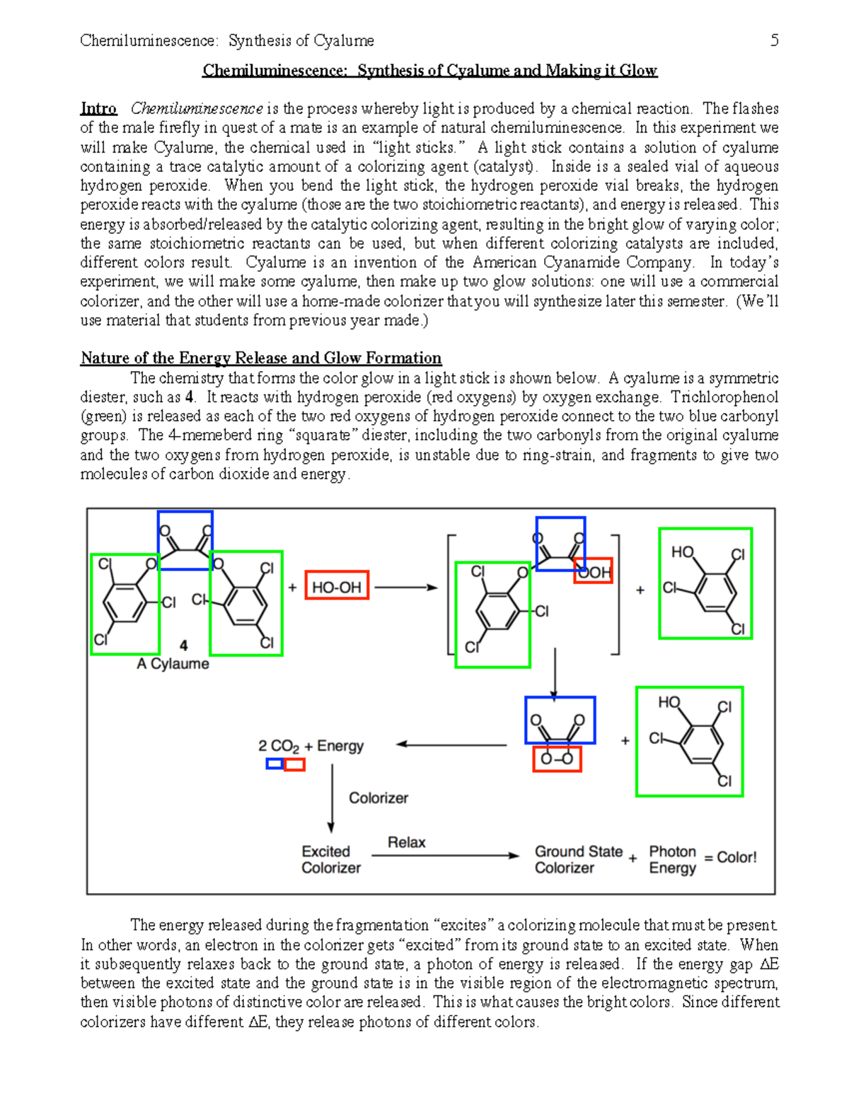 Cyalume - Lab report - Chemiluminescence: Synthesis of Cyalume and ...