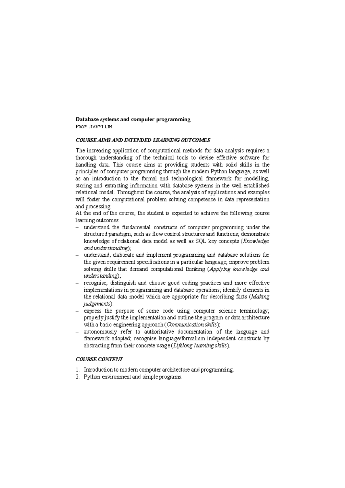 Database System Computer Programming Lin Database Systems And Computer Programming Prof 9024
