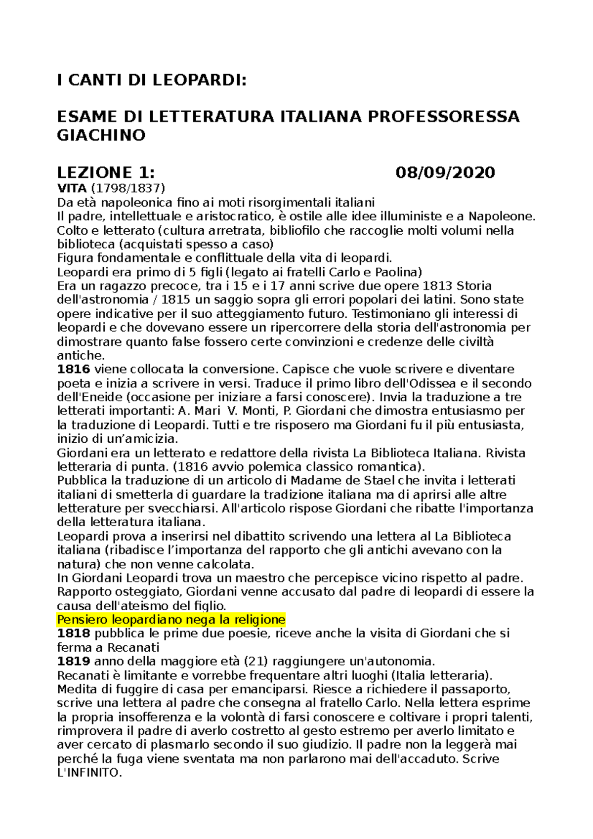 I Canti DI Leopardi - Appunti di lezione TUTTE - I CANTI DI LEOPARDI ...