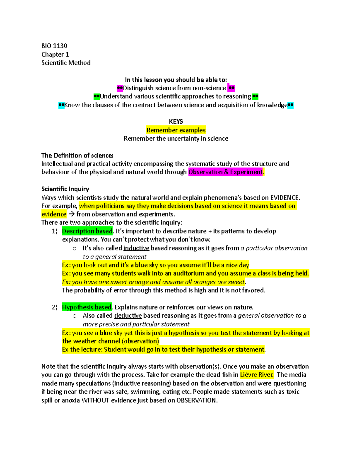 Bio Ch 1- Defining Science - BIO 1130 Chapter 1 Scientific Method In ...