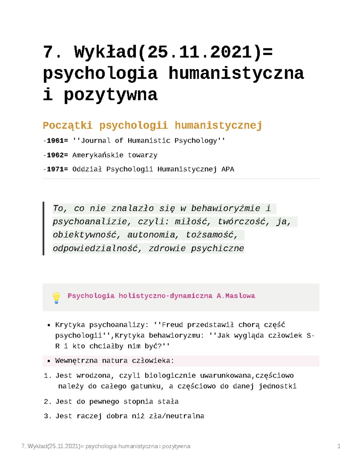 psychologia humanistyczna i pozytywna - 7. Wykład(25.11)= psychologia ...