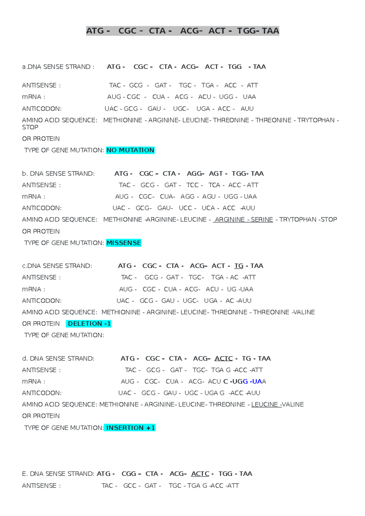 8.3 science - ATG - CGC – CTA - ACG– ACT - TGG- TAA a SENSE STRAND ...