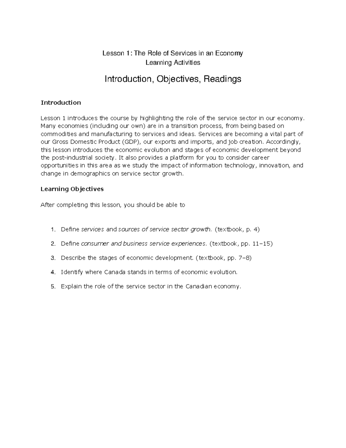 Lecture notes, lectures 1-11 - Lesson 1: The Role of Services in an ...