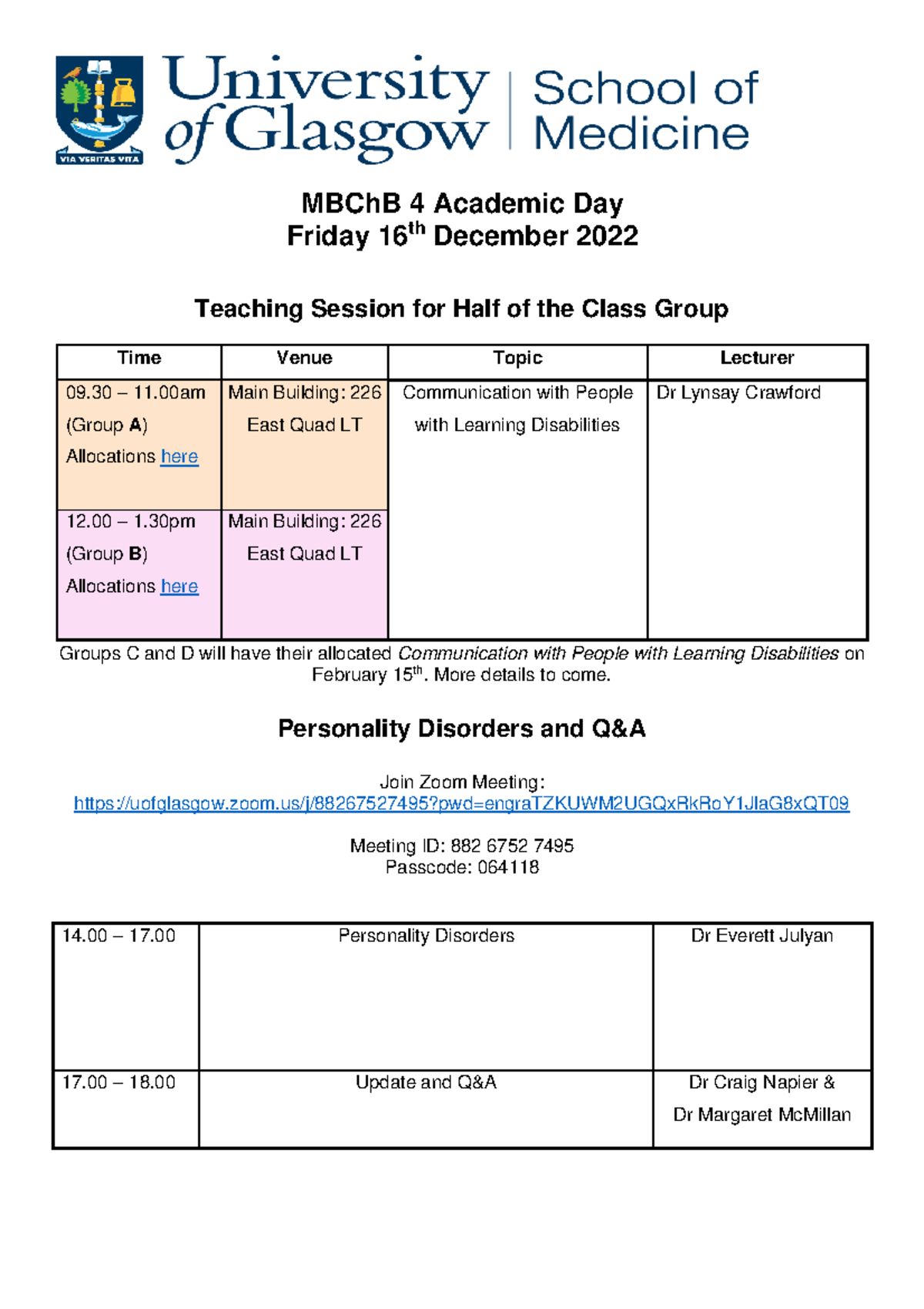 MBCh B 4 Academic Day 16 Dec timetable - MBChB 4 Academic Day Friday 16 ...