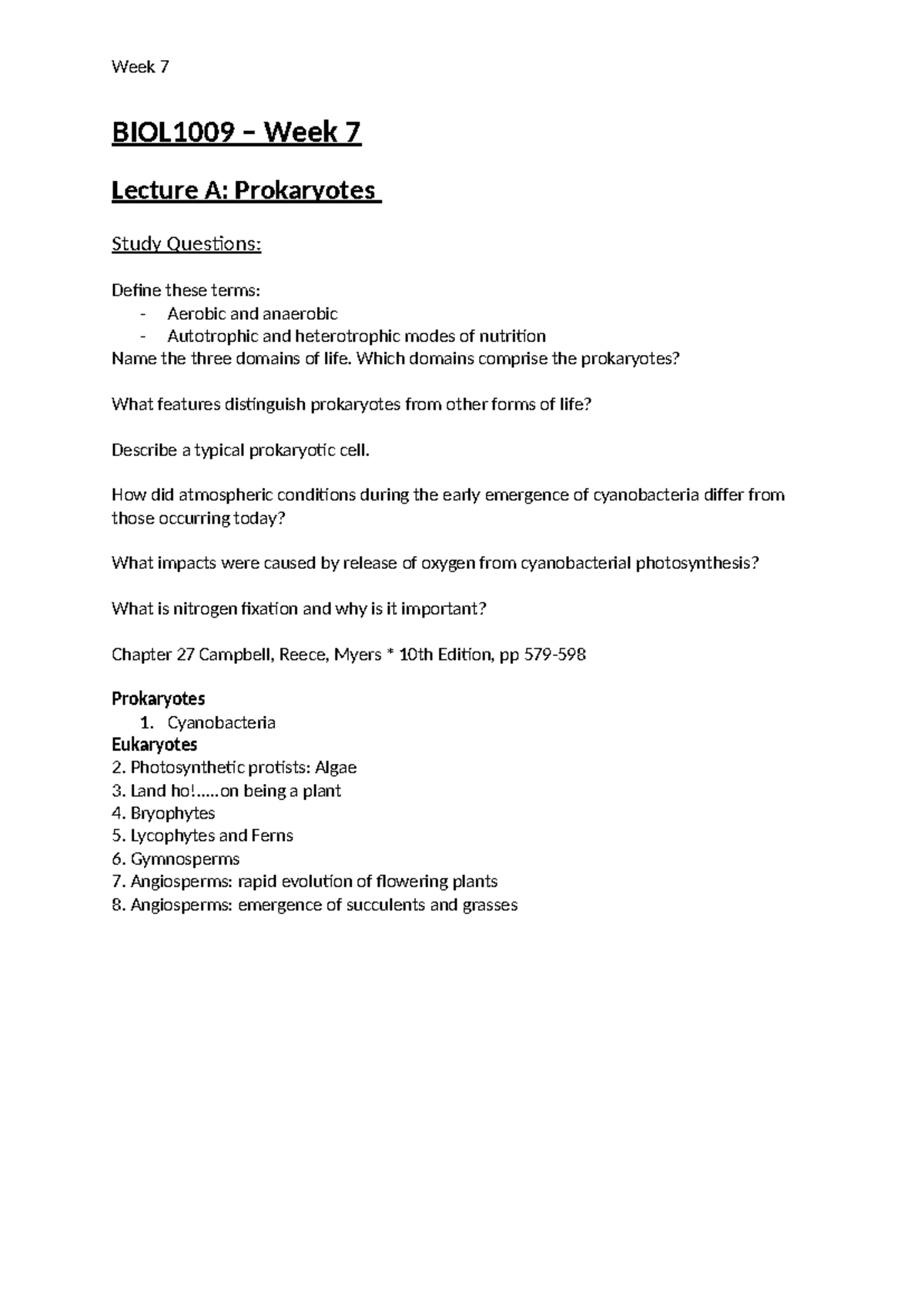 BIOL1009 - W7 Notes - BIOL1009 – Week 7 Lecture A: Prokaryotes Study ...