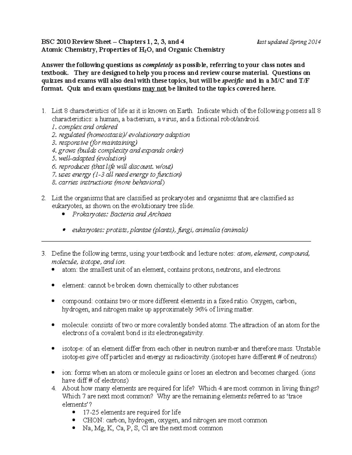 Review - CR Chapter 1, 2, 3, and 4 - BSC 2010 Review Sheet – Chapters 1 ...