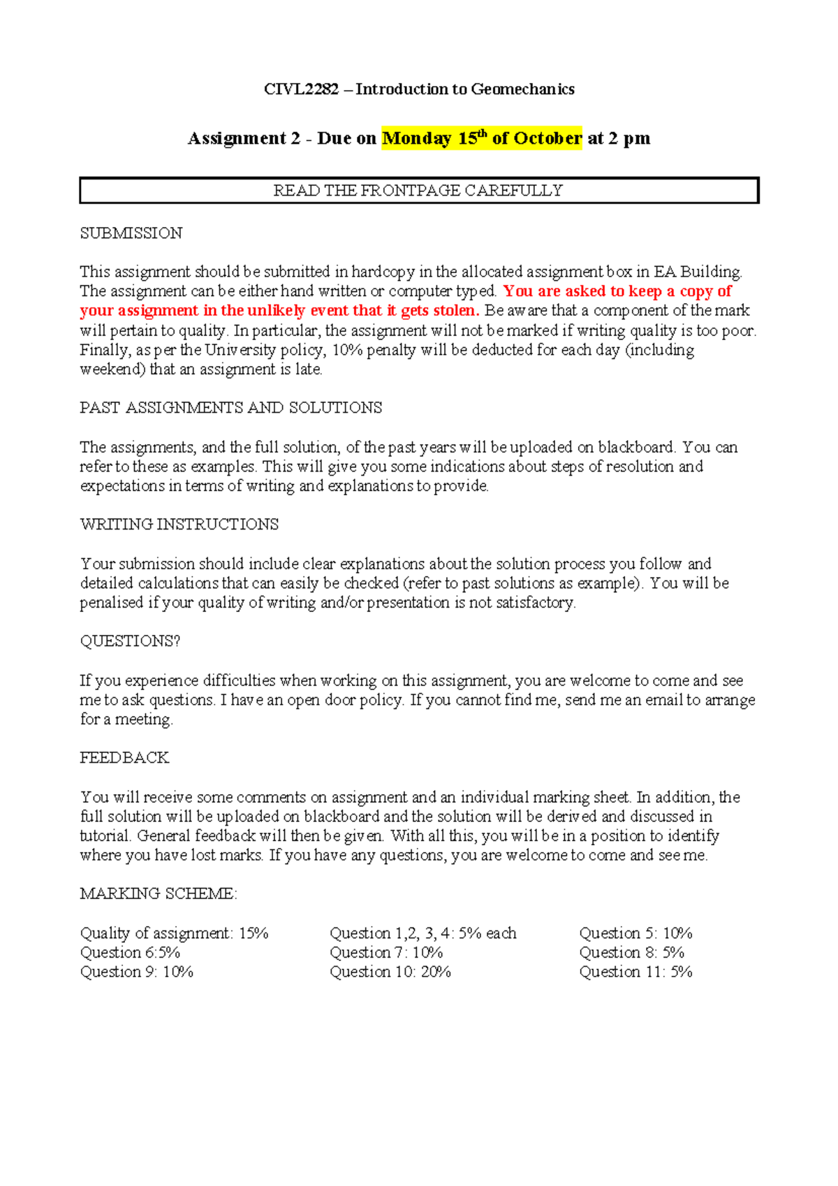 Assignment 2 - CIVL2282 – Introduction to Geomechanics Assignment 2 - Due on Monday 15th of ...