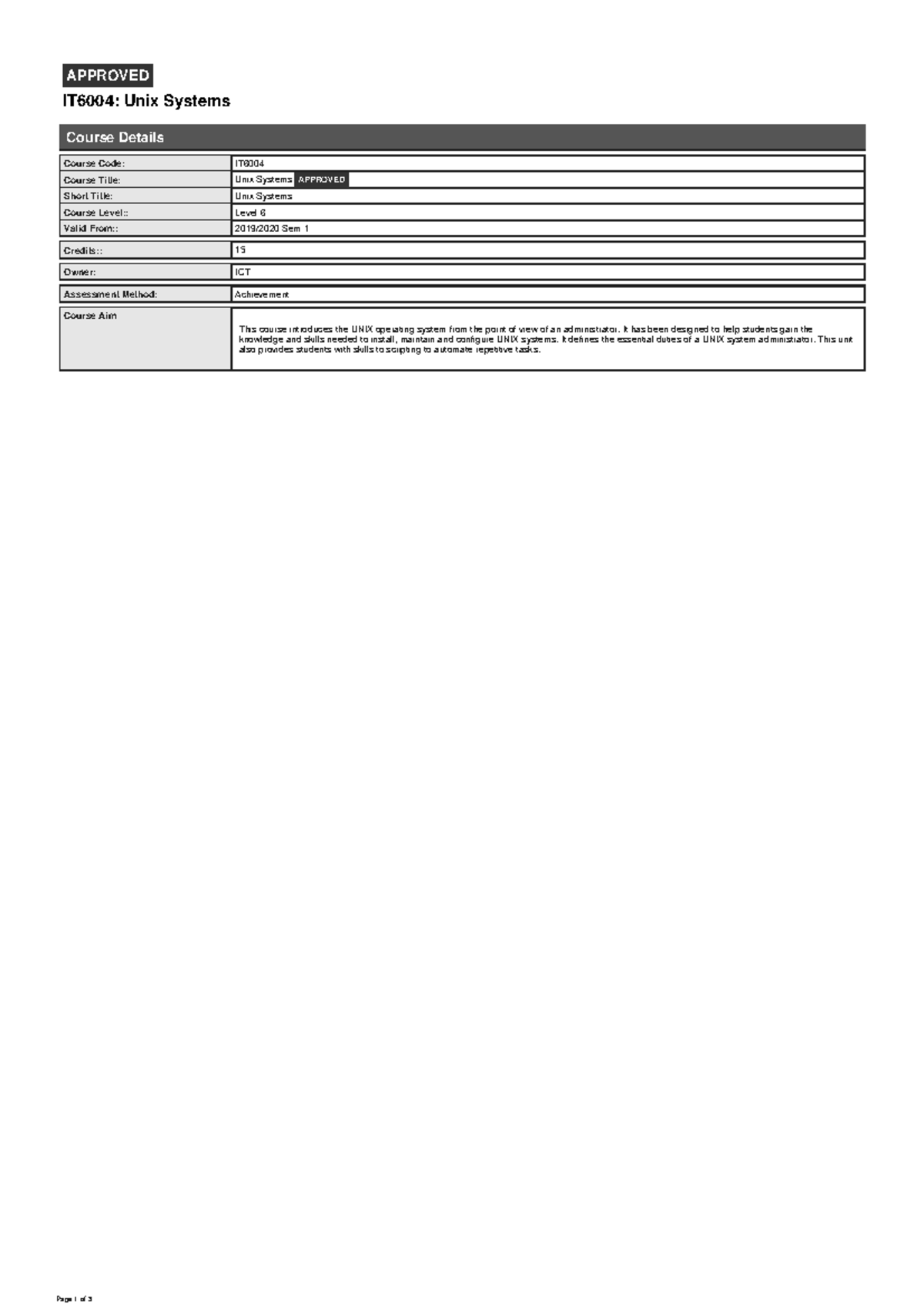 Course Unix Systems Unix Systems Page 1 Of 3 Approved It6004 Unix Systems Course Details