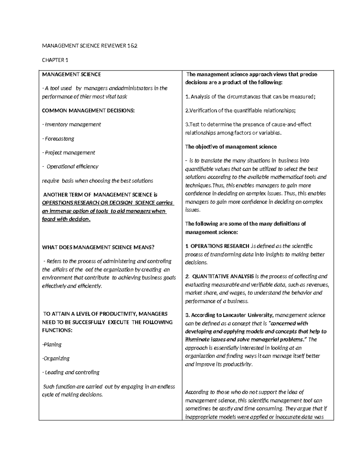 Management SCIE-WPS Office - MANAGEMENT SCIENCE REVIEWER 1& CHAPTER 1 ...