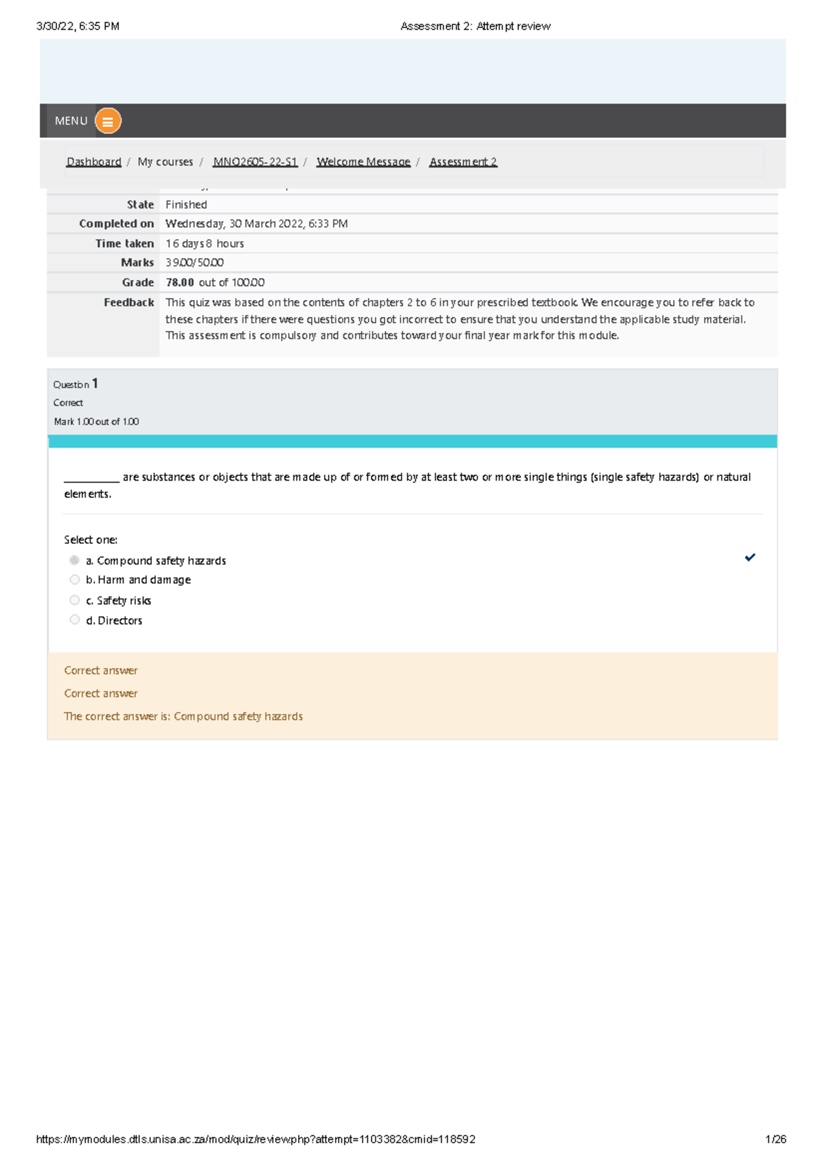 Assessment 2 Attempt review - Started on Monday, 14 March 2022, 10:22 ...