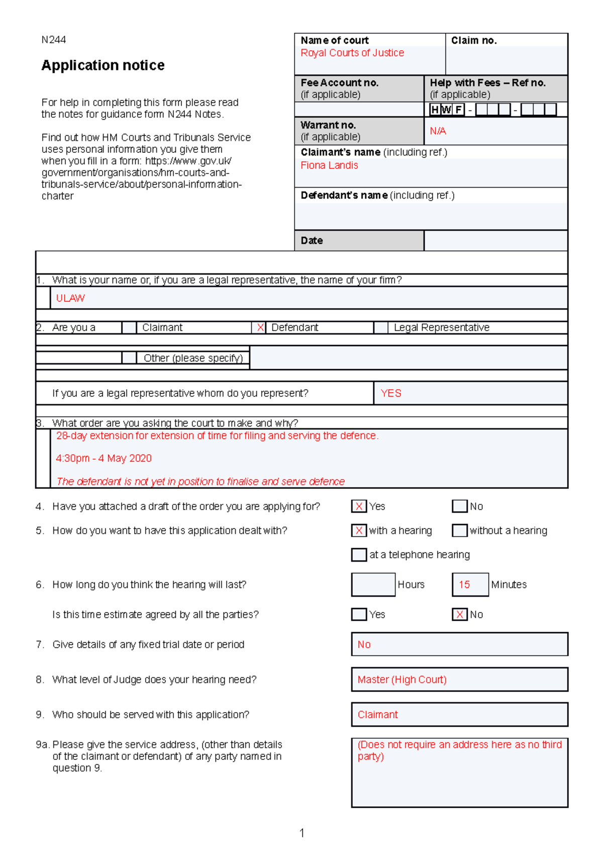 N244 Application Notice for Extension of Time - Studocu