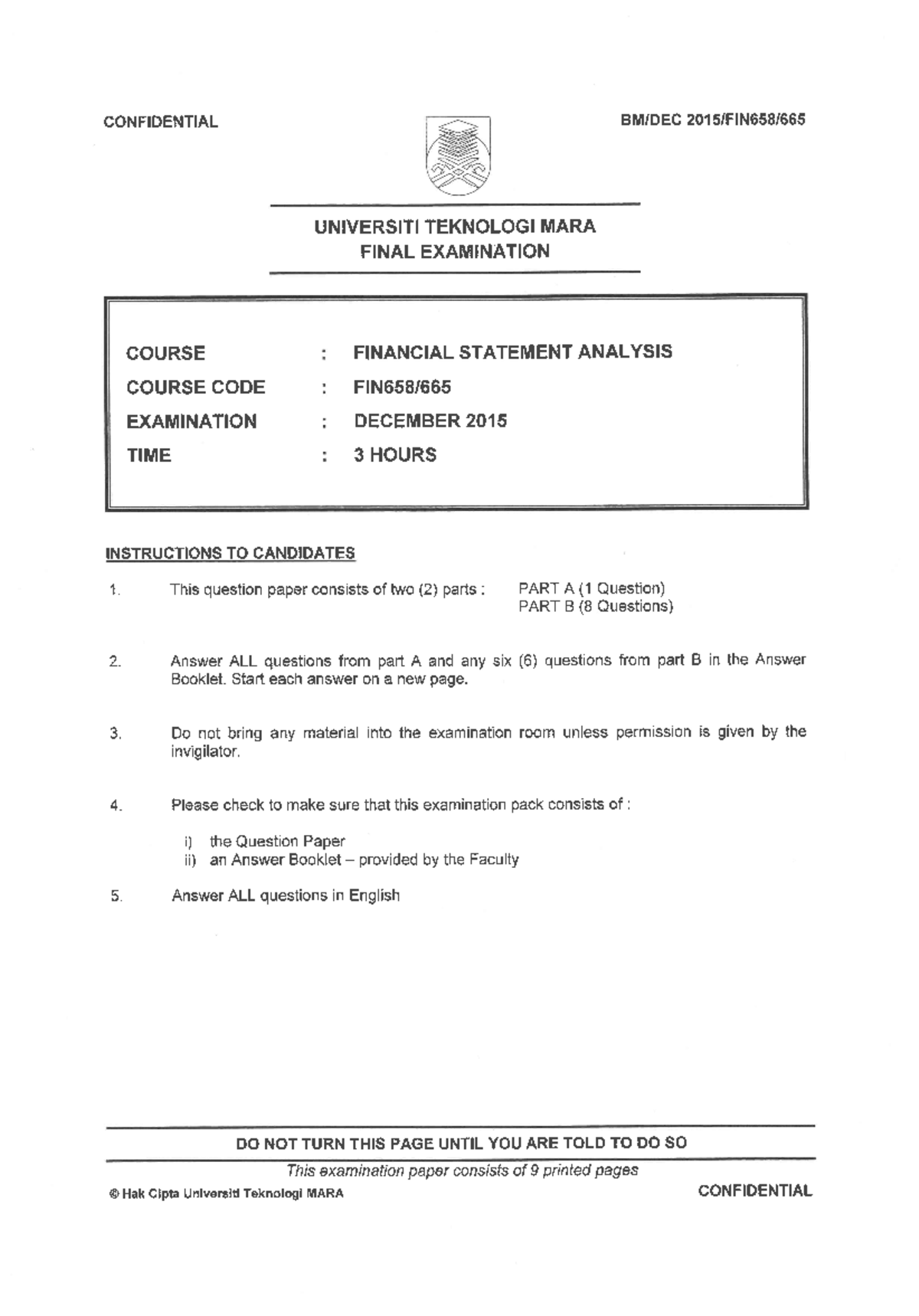 December 2015 - Notes for Financial Statement Analysis (FIN658) - Studocu