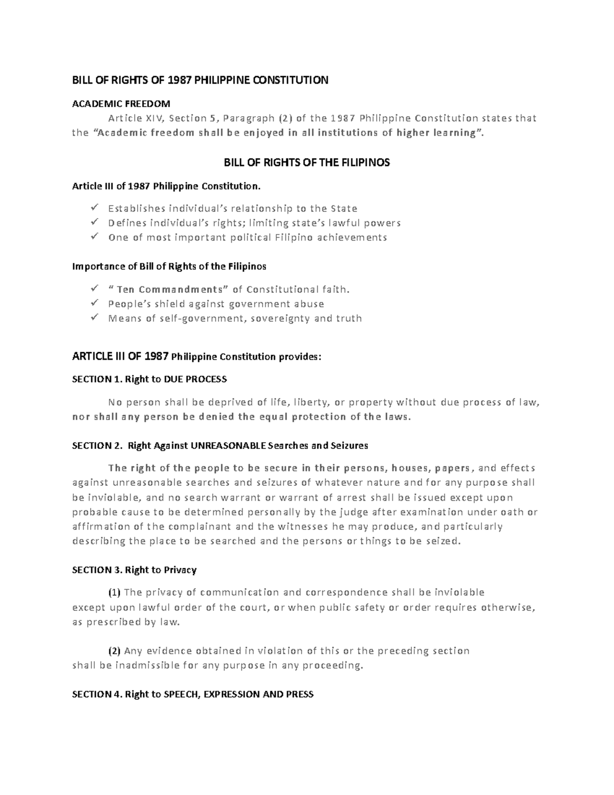 BILL OF Rights - BILL OF RIGHTS OF 1987 PHILIPPINE CONSTITUTION ...