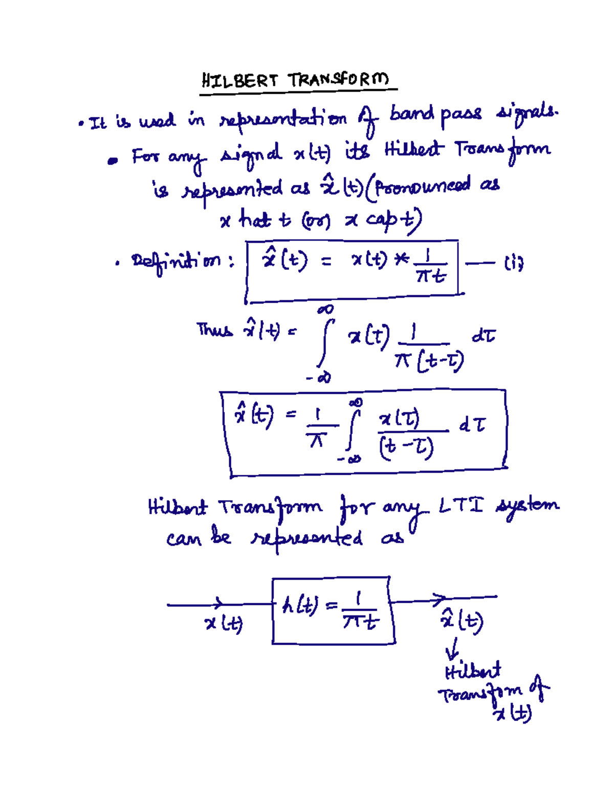 Hilbert transform - HILBERT TRANSFORM It is used in representation of ...
