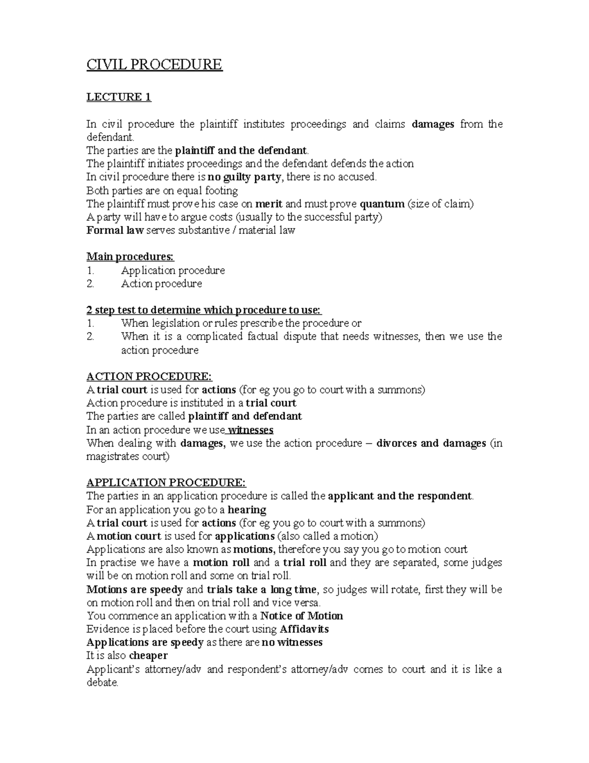 Civil Magic Notes-1 - Helpful notes. - CIVIL PROCEDURE LECTURE 1 In ...