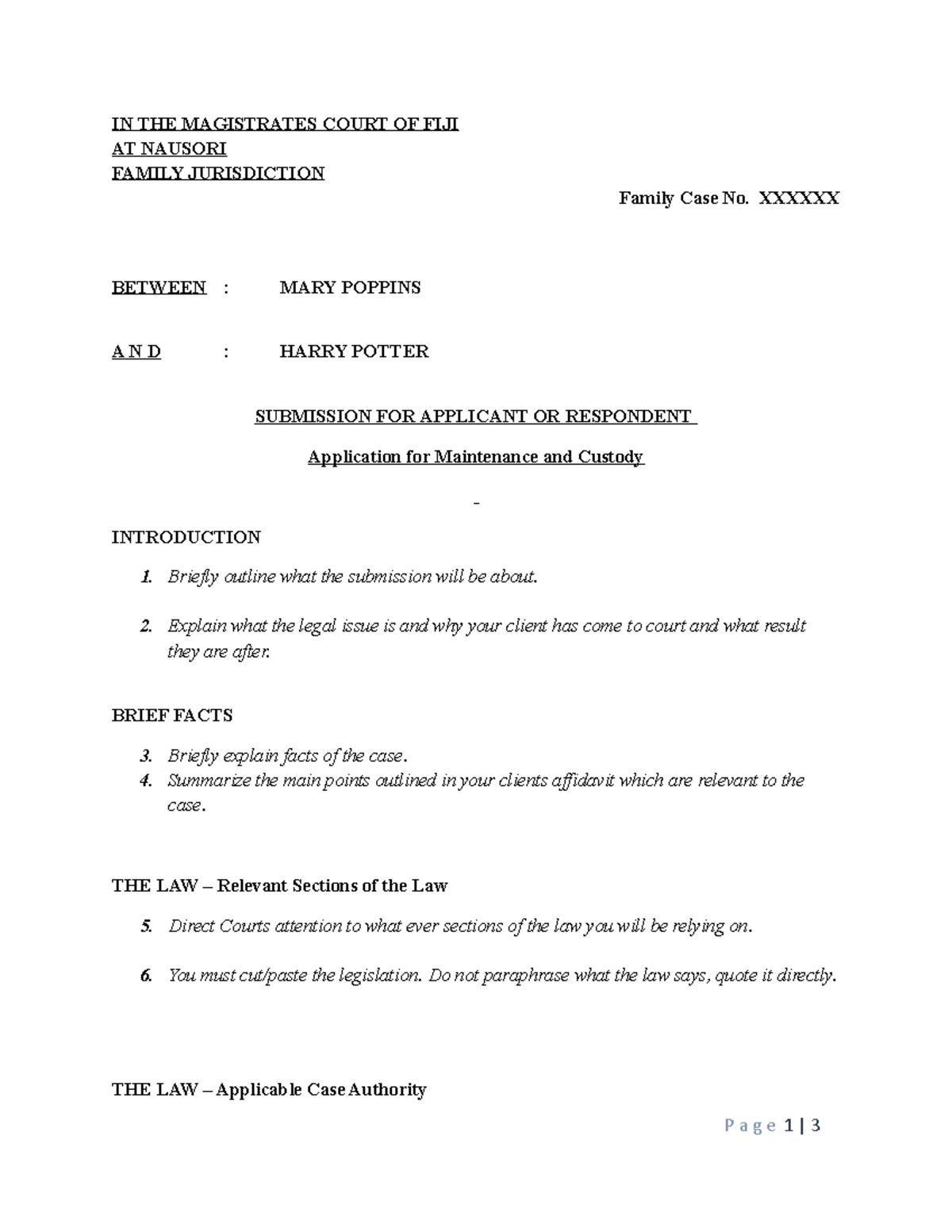 Sample - Submissions for Family Case - IN THE MAGISTRATES COURT OF FIJI ...