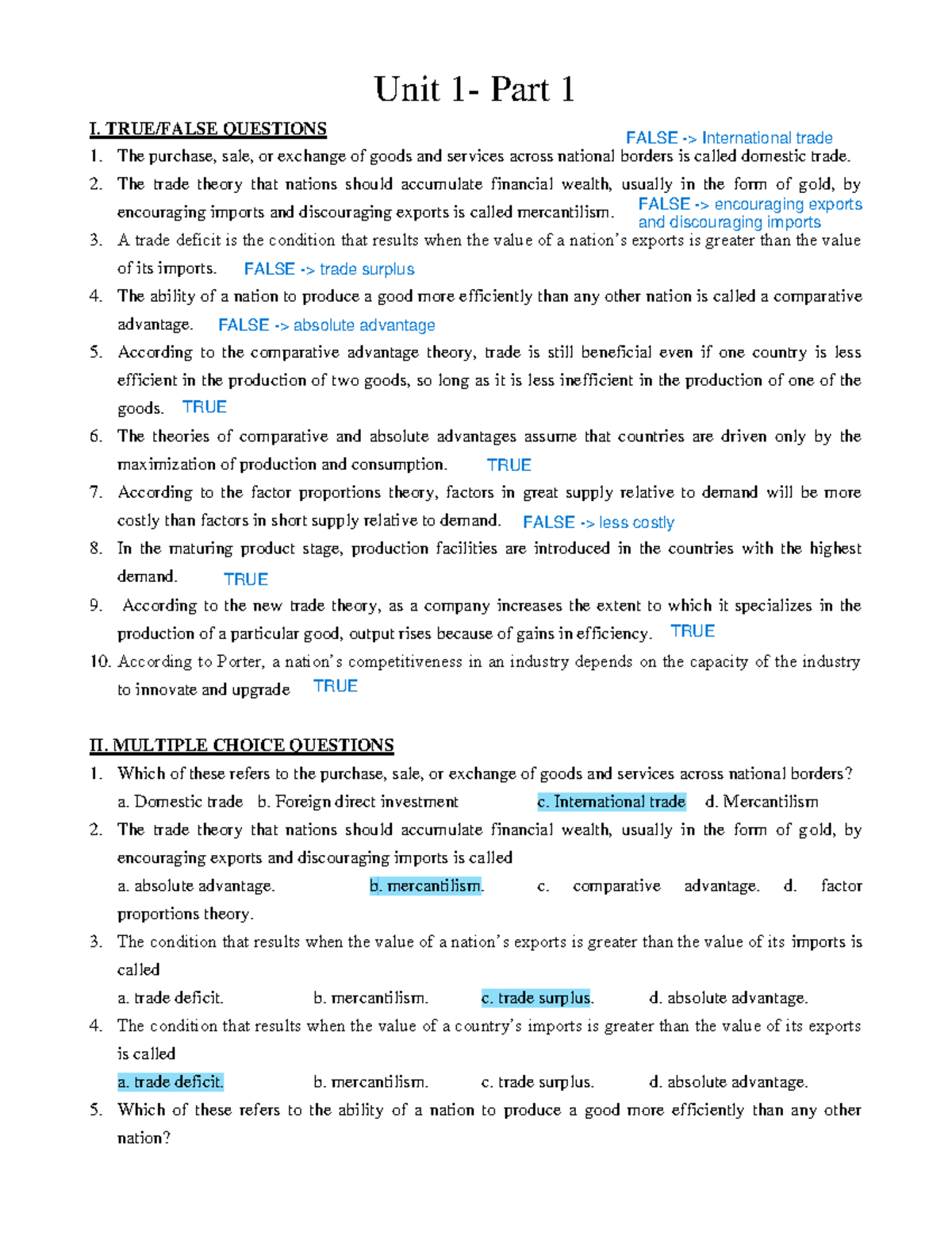 Unit 1 Part 1 Exercises to sts Done - Unit 1- Part 1 I. TRUE/FALSE QUESTIONS The purchase, sale ...