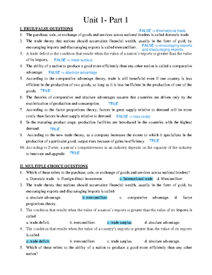 Unit 2 - Exercises to sts - Unit 2: Exercises I. TRUE/FALSE QUESTIONS Portfolio investment is ...