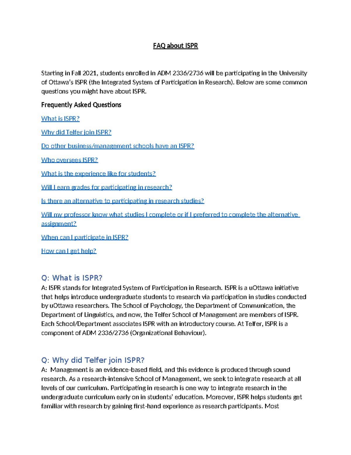 FAQ about ISPR Brightspace document - FAQ about ISPR Starting in Fall 2021, students enrolled in ...
