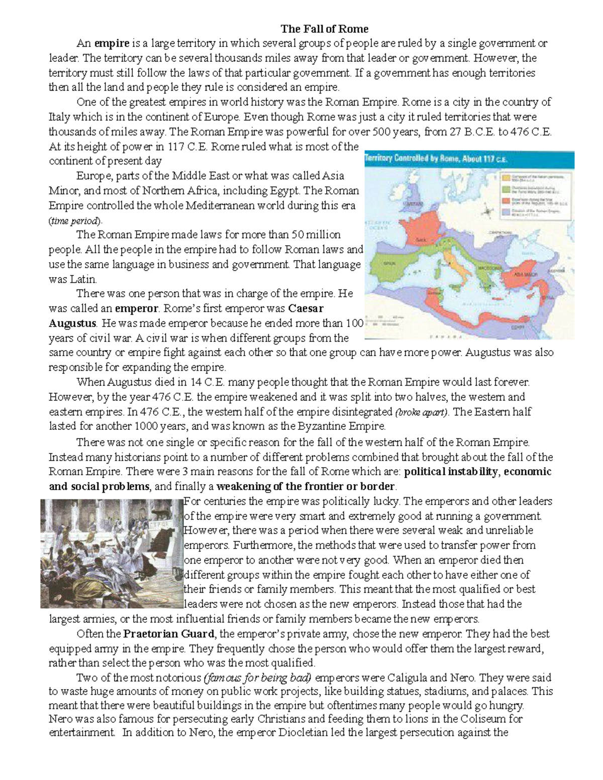 Fall of Rome Reading - An empire is a large territory in which several ...