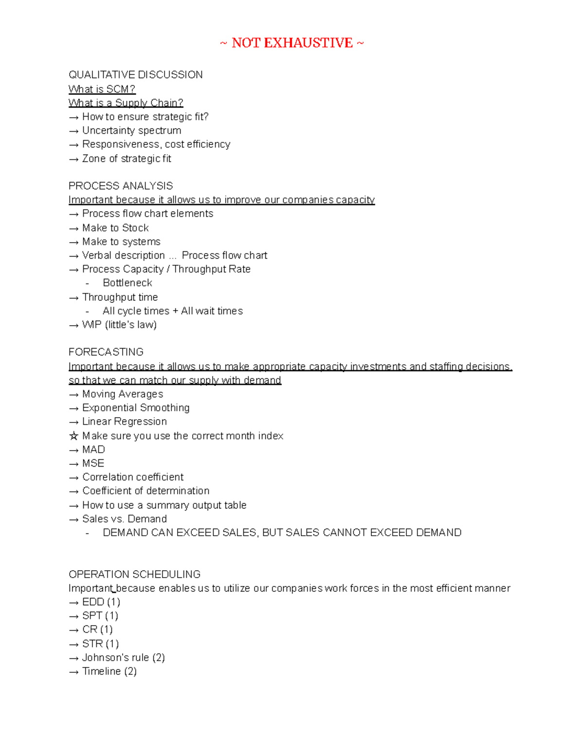 SCM Study Guide 1 - K aral - ~ NOT EXHAUSTIVE ~ QUALITATIVE DISCUSSION ...