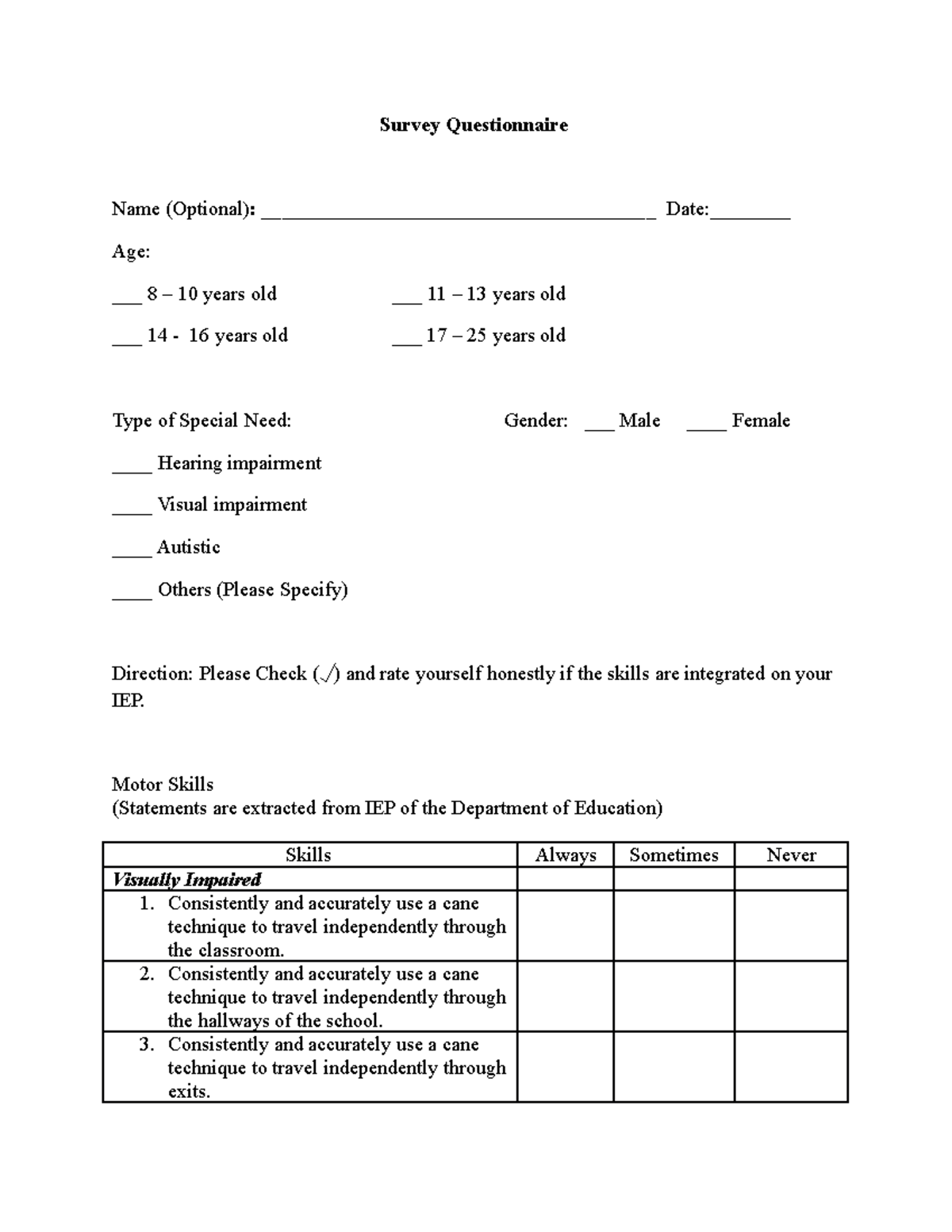 Survey Questionnaire on IEP - Survey Questionnaire Name (Optional ...
