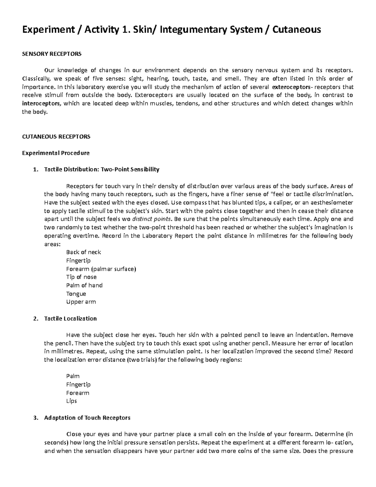 Activity-1 - just answer - Experiment / Activity 1. Skin/ Integumentary ...