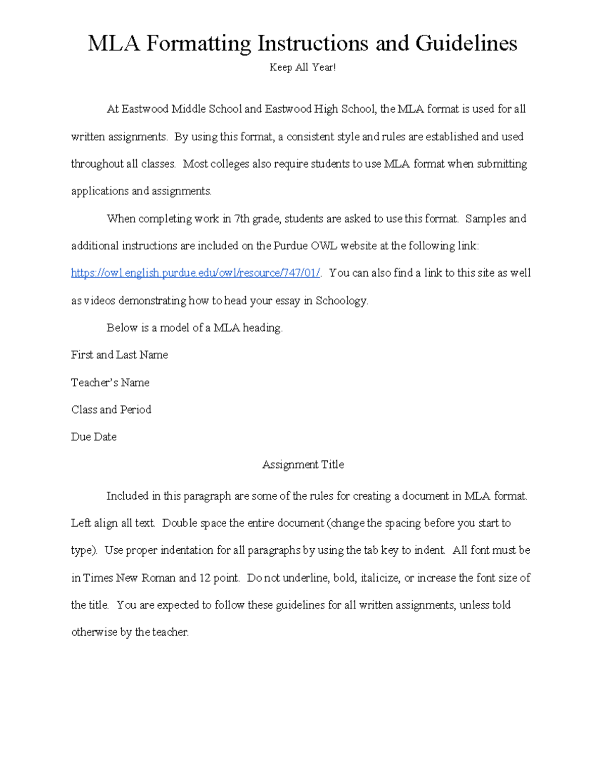 MLA Format - Keep All Year! At Eastwood Middle School and Eastwood High ...
