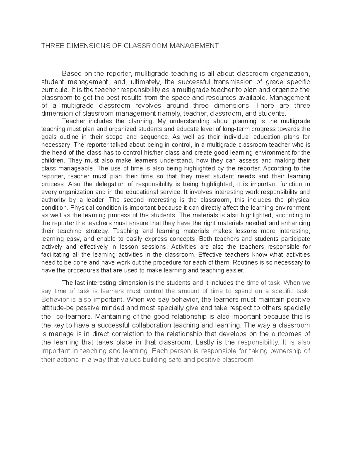 Three Dimensions OF Classroom Management - THREE DIMENSIONS OF ...