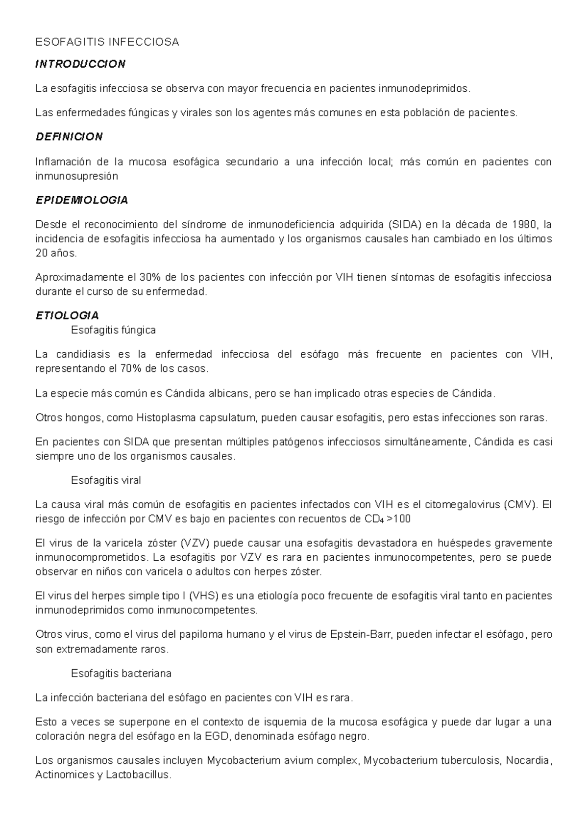 Esofagitis infecciosa Resumen - ESOFAGITIS INFECCIOSA INTRODUCCION La ...