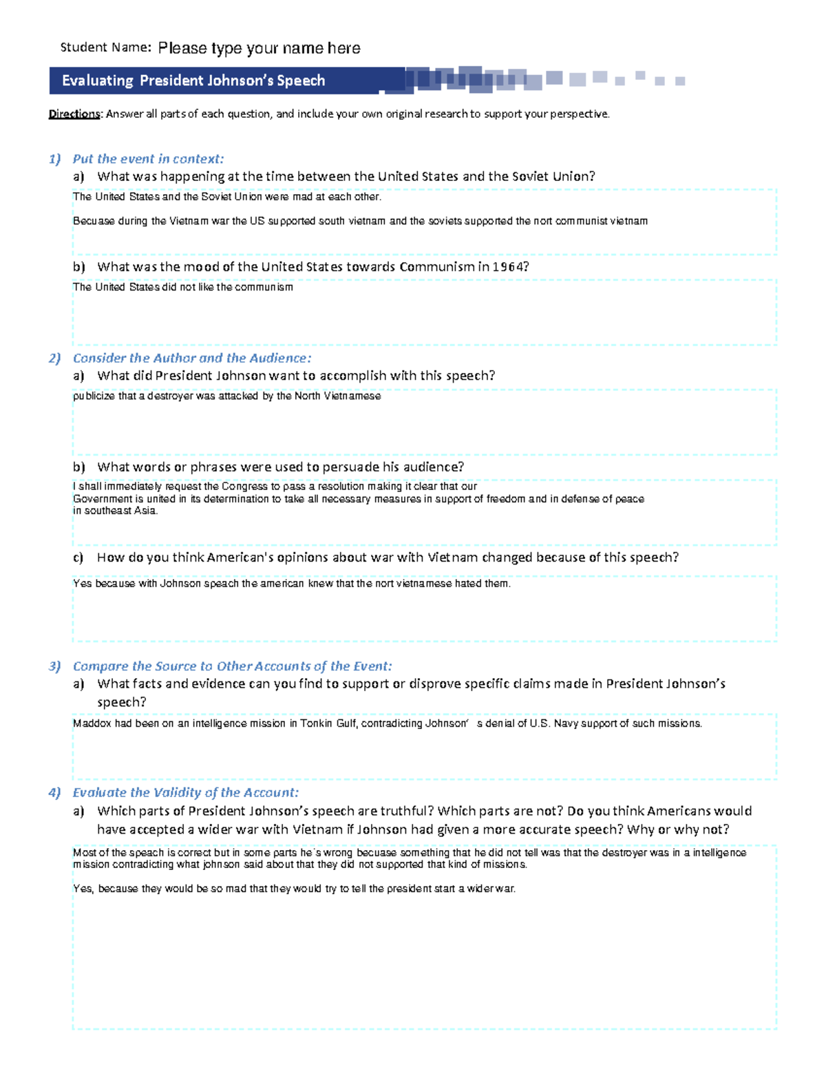 Evaluating president johnsons speech worksheet - Student Name ... Evaluating president johnsons speech worksheet - Student Name ...