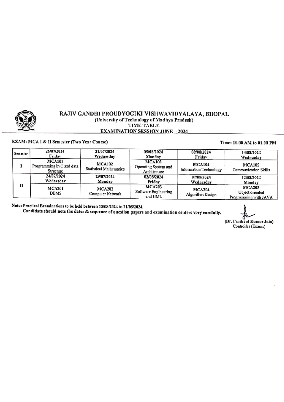 DOC-20240705-WA0148 - its Time Table for MCA 2nd sem Exam - RAJIV GANDHI PROUDYOGIKI - Studocu