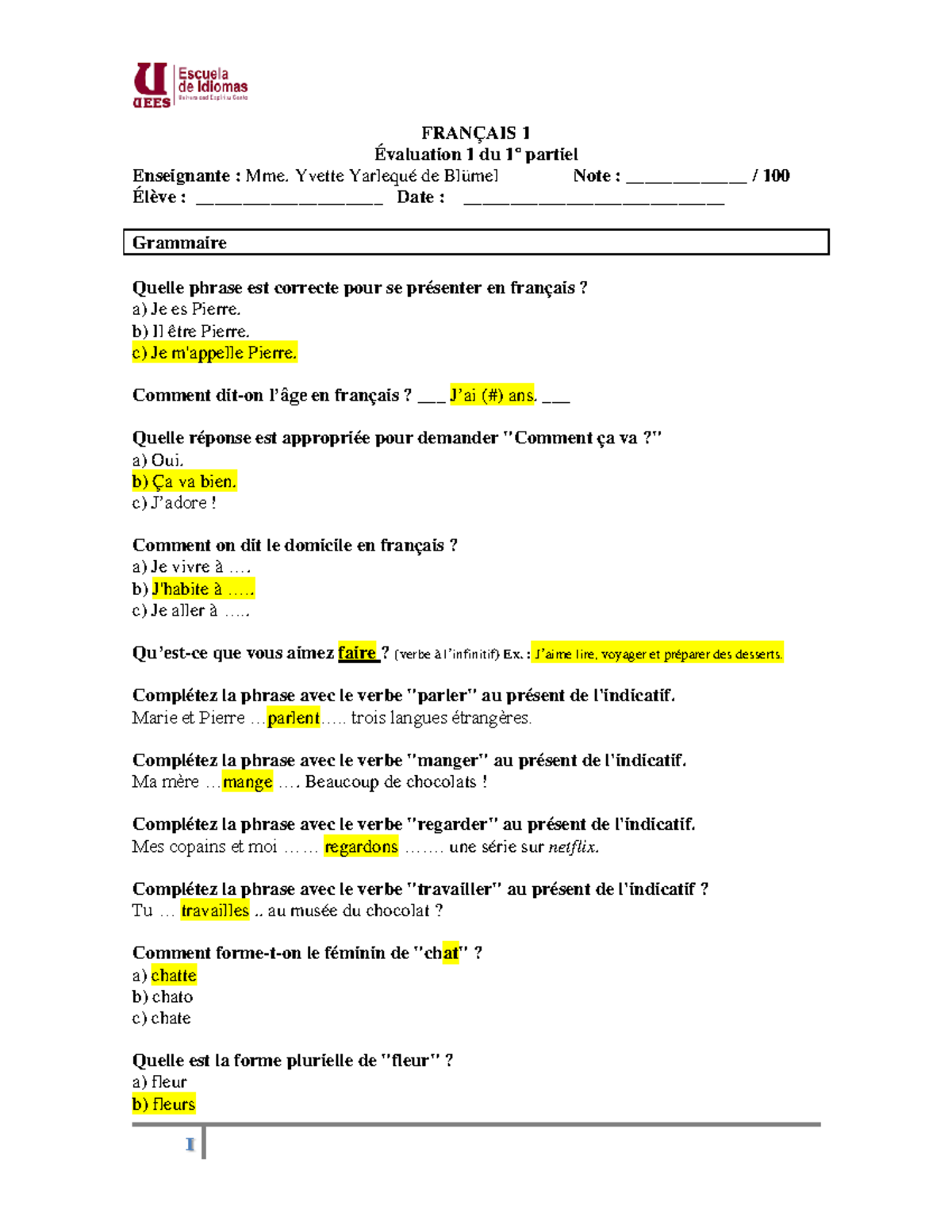 F1 Doc 13. Évaluation 1. Partiel 1 Solutions - 1 FRANÇAIS 1 Évaluation ...