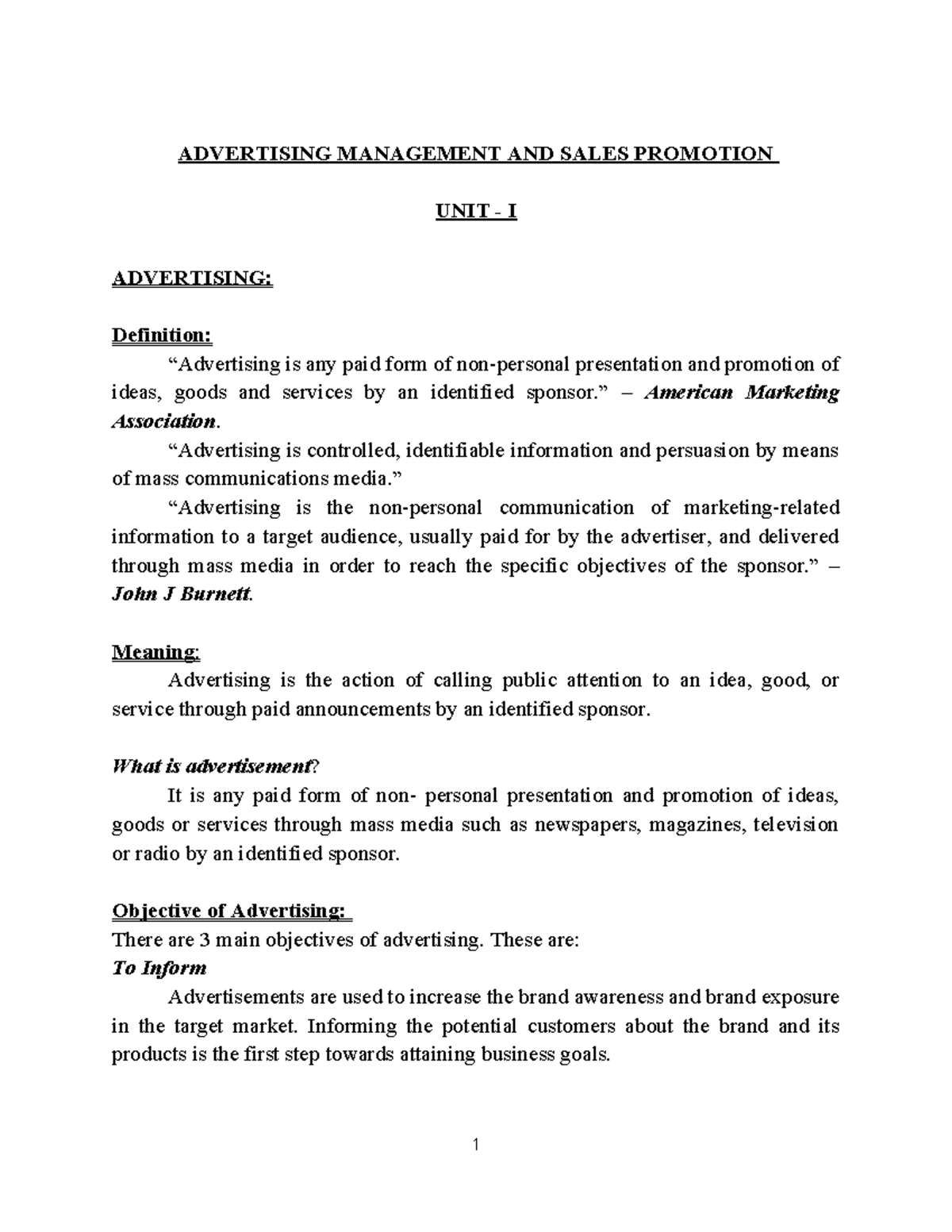 ASP Unit - 1 - Kindly use the notes - ADVERTISING MANAGEMENT AND SALES ...